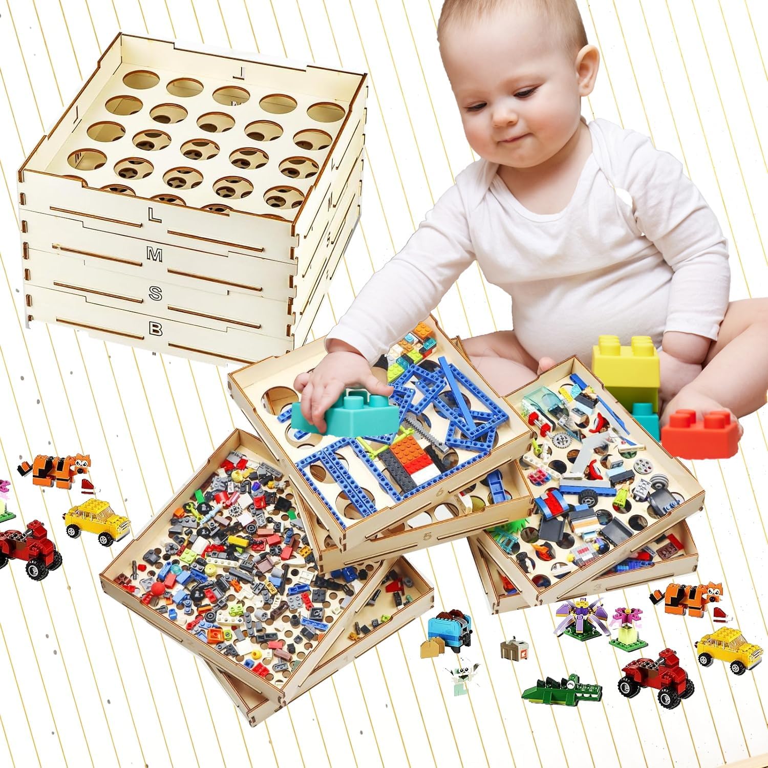 ABEST 6 Trays Wooden Sorter Sifter Box for Lego,Toy Storage Block ...