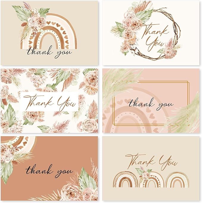 Amazon.com : AnyDesign 36 Pack Boho Thank You Cards Boho Rainbow Floral ...