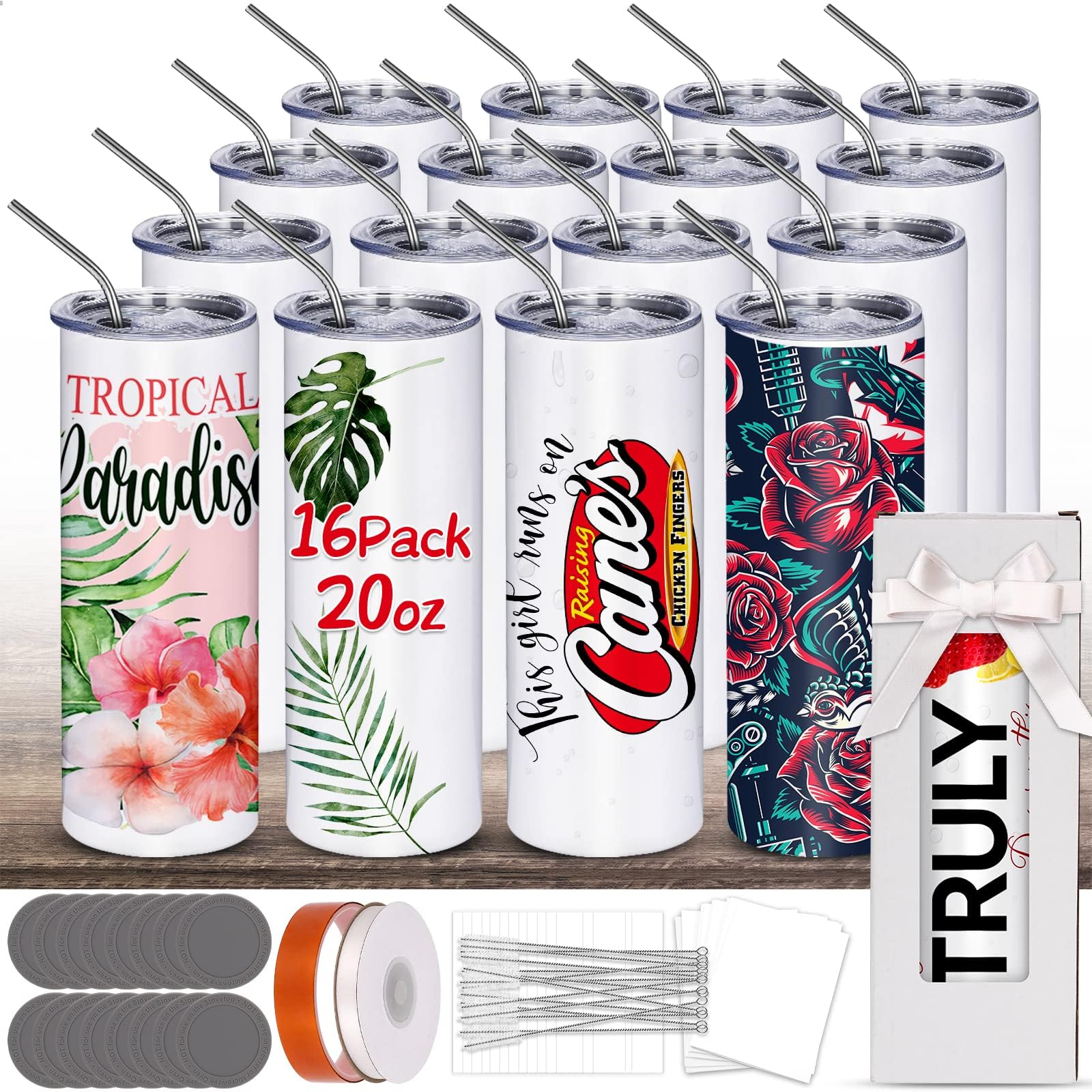 PYD Life 8 Pack Sublimation Tumblers Blanks Cups Water Bottle White 20 ...