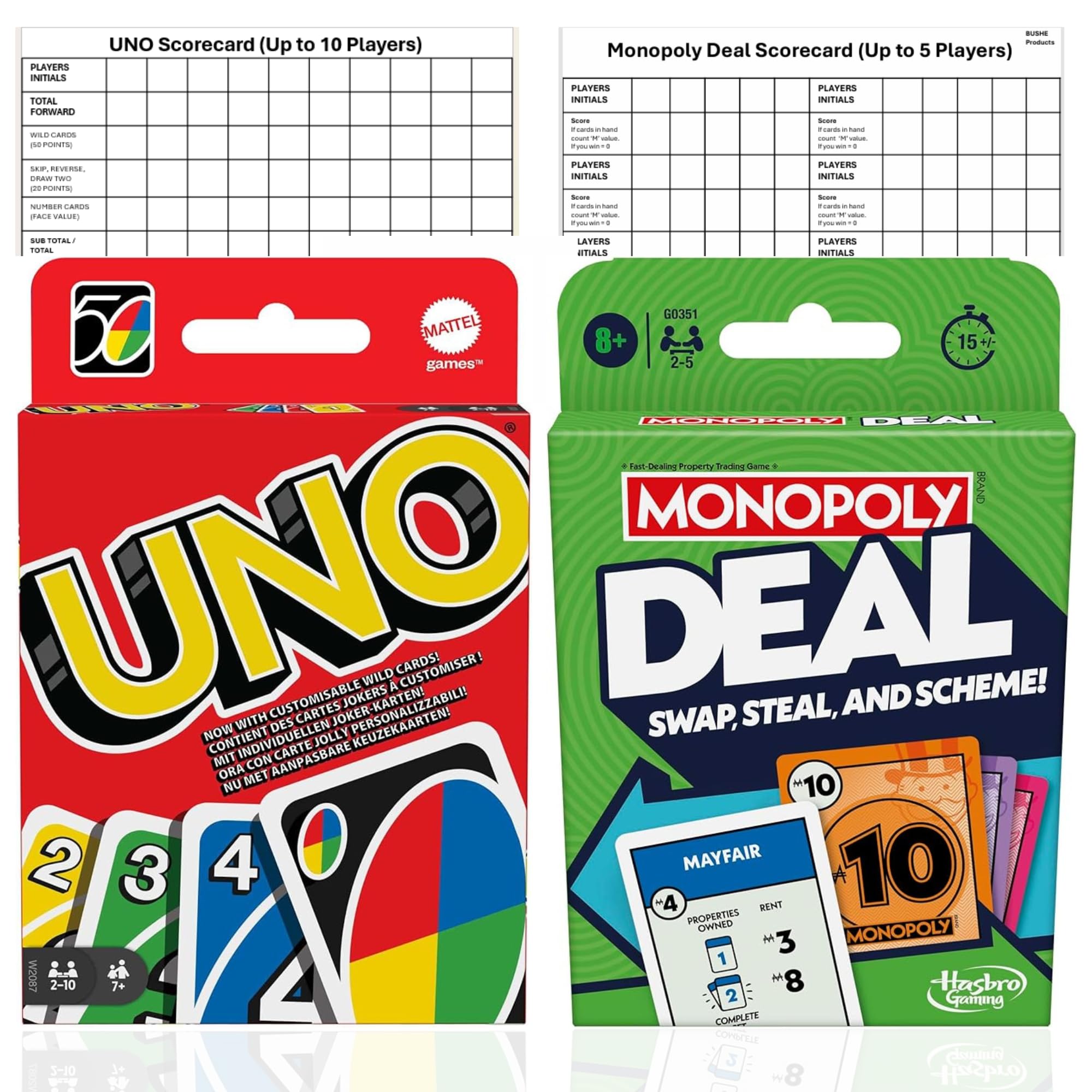 Uno Cards & Monopoly Deal - Card Games Set + Scorecards | Uno Card Game ...