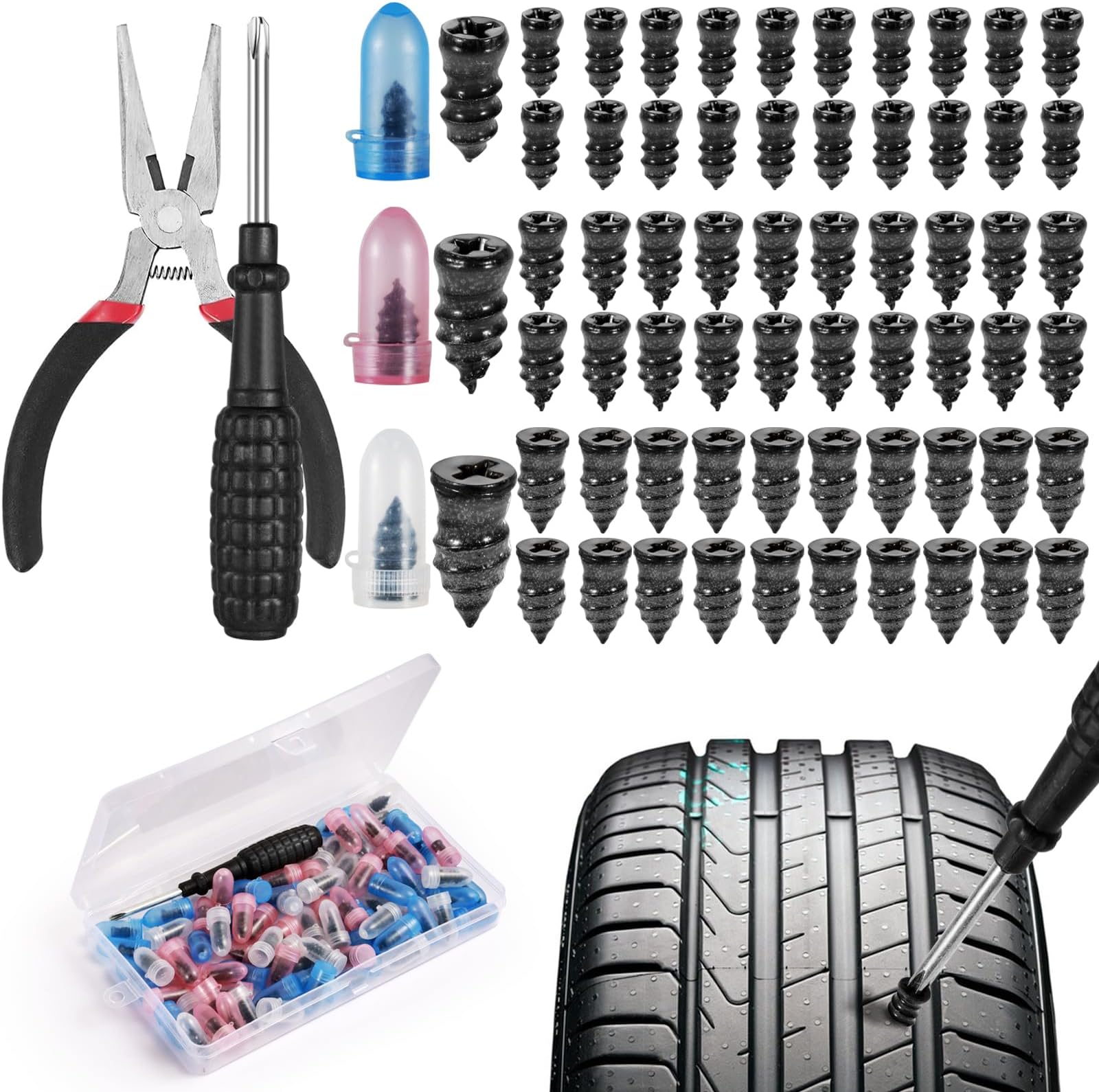 Omsscun 62Pcs Tyre Repair Kit Rubber Nails with Screwdriver, Car ...