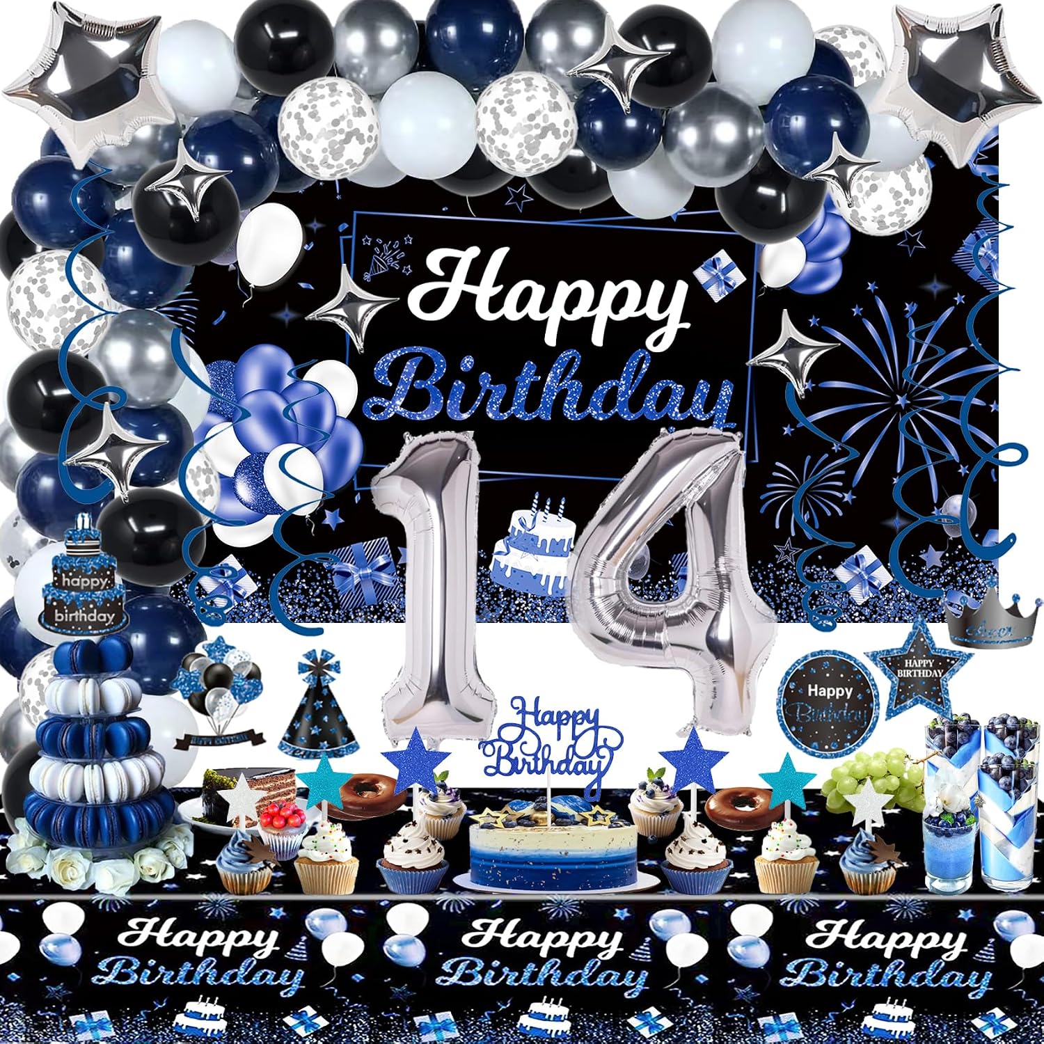 Amazon.com: Miidenks 14th Birthday Decorations Set for Boy, Navy Blue ...