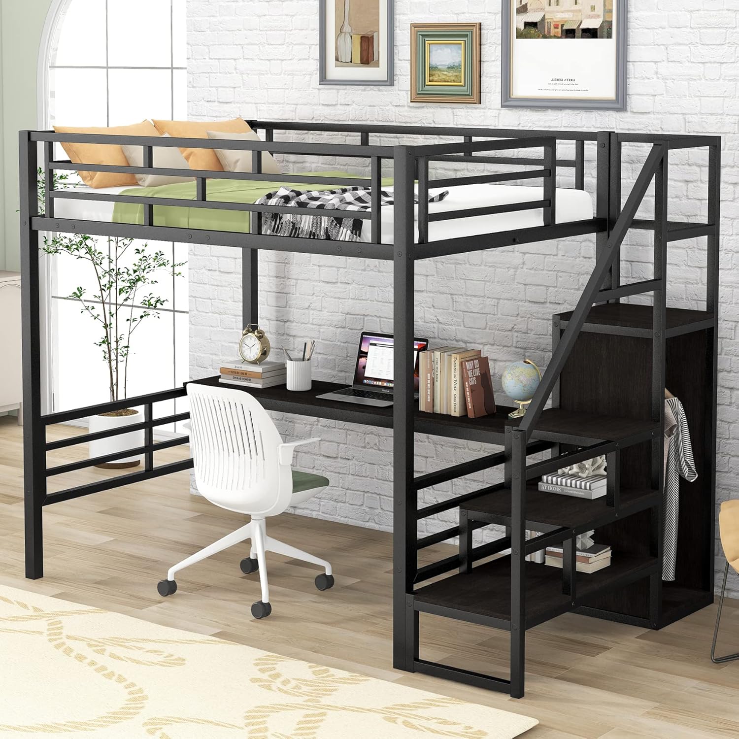 Amazon.com: Industrial Metal Loft Bed High Study Loft Bedframe w/Desk ...