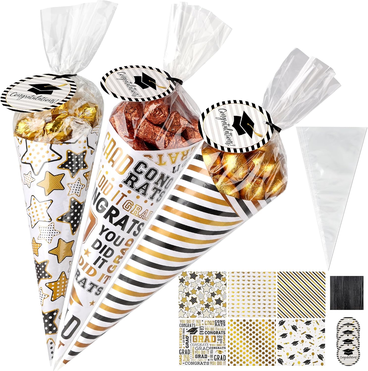 Amazon.com: Graduation Treat Bags- 60 Pack DIY Grad-Themed Sweet Cones ...