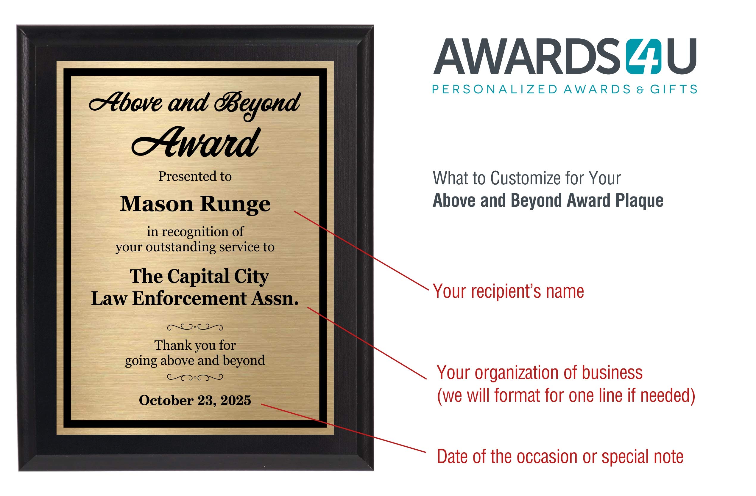 Above and Beyond Award 8x10 Custom Plaque for Appreciation and ...