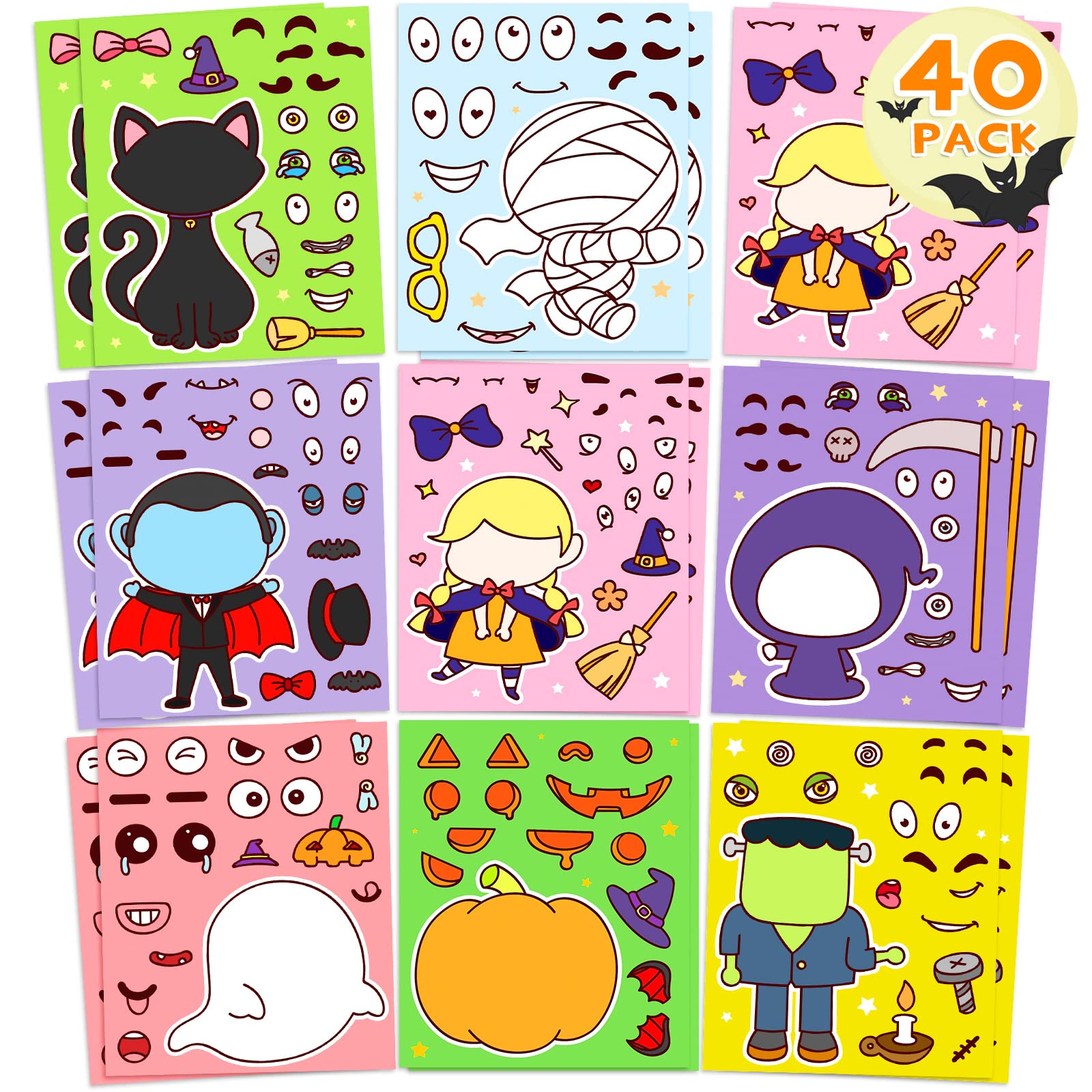Buy 40 PCS Make-a-face Sticker Make Your Own Halloween Character Mix ...
