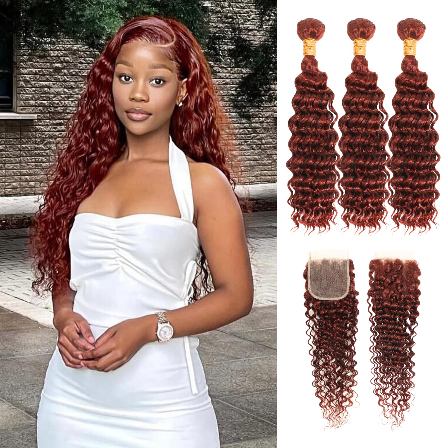 Amazon.com : AUROO Reddish Brown Deep Wave Bundles with Closure Human ...