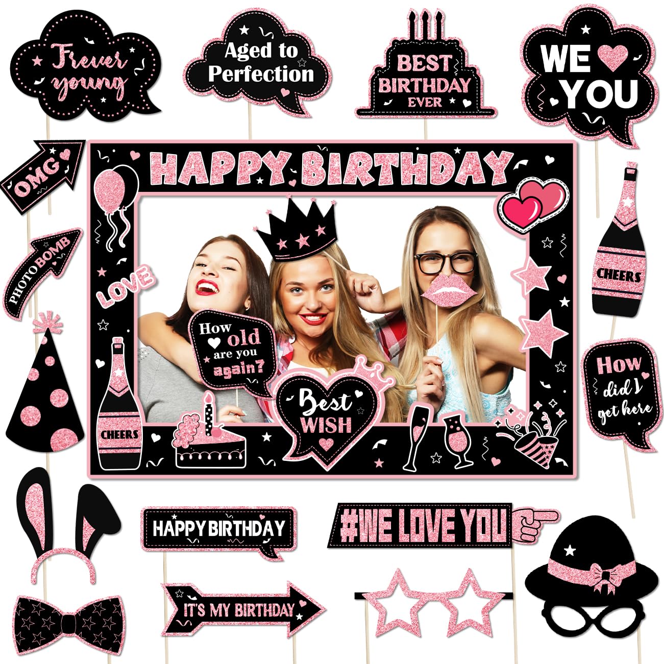 Amazon.com: Birthday Photo Props Black and Rose Gold Birthday Party ...