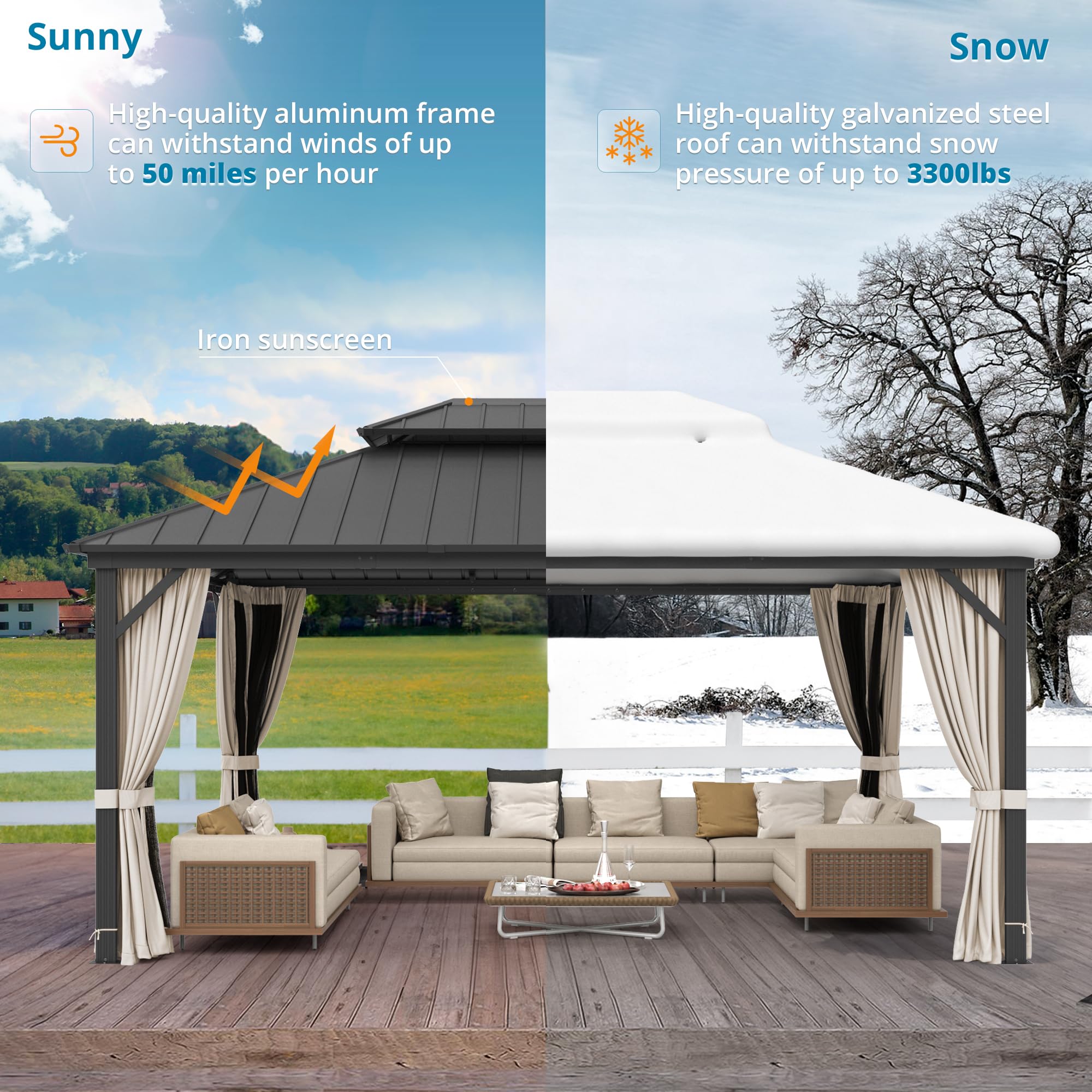 LUE BONA 12x16 Hardtop Gazebo, Galvanized Steel Double Roof Permanent ...