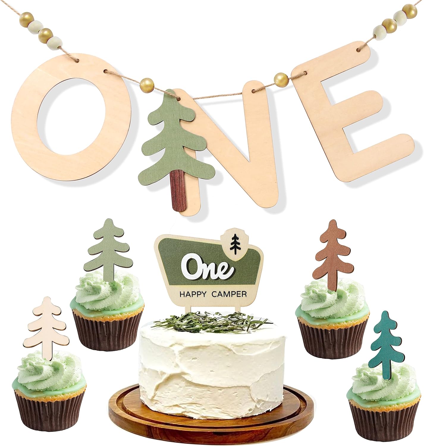 Amazon.com: One Camper Wood Banner/Cupcake Topper Set - Camping Cake ...