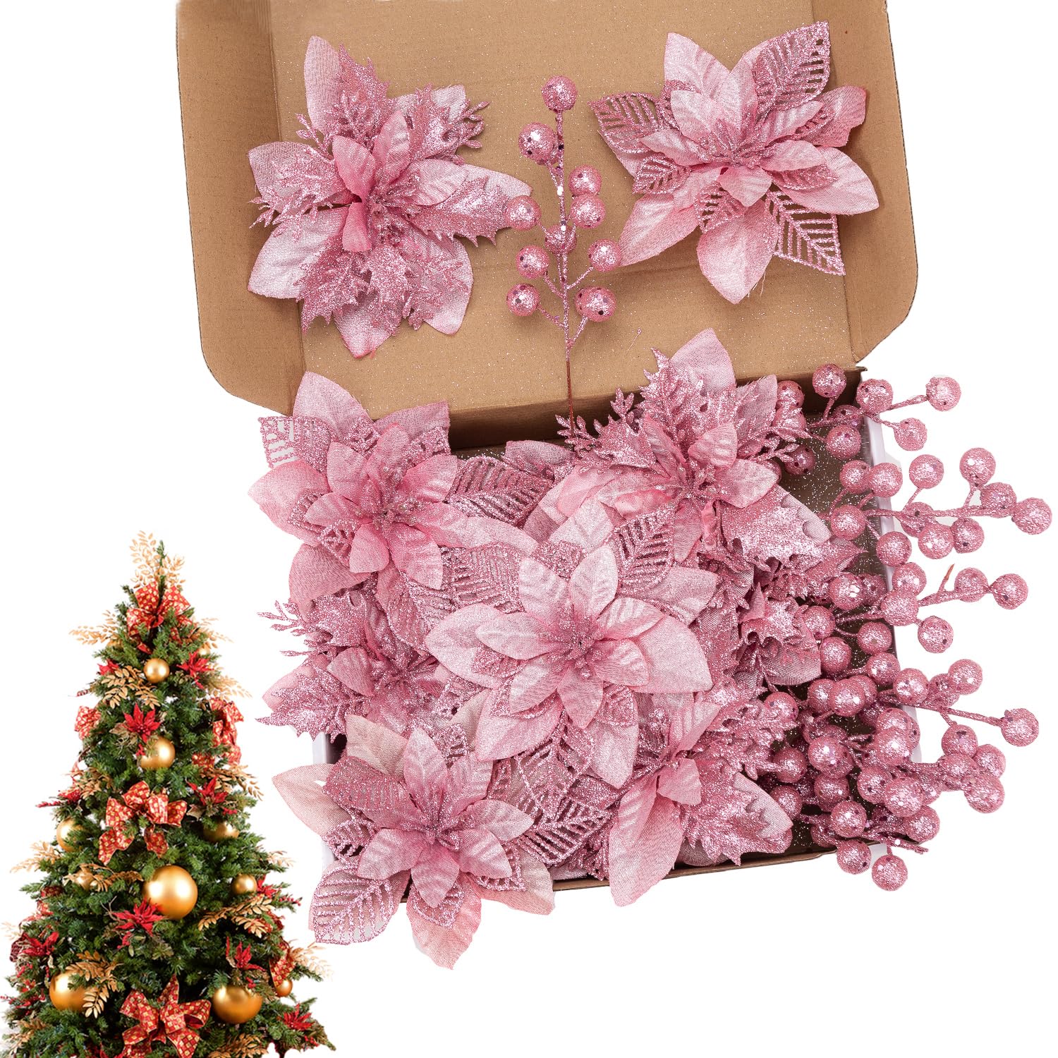 Amazon.com: 24 Pcs Pink Boxed Christmas Poinsettia Flowers Set, 16 Pcs ...