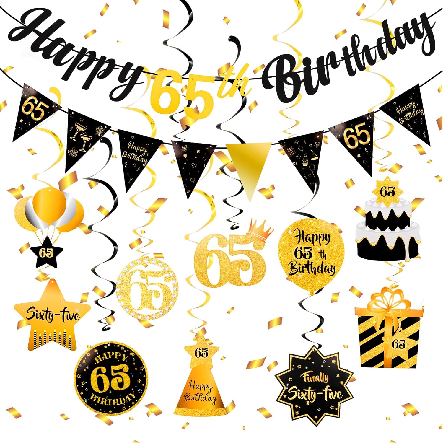 Amazon.com: TIHEBAX Black&Gold 65th Birthday Decorations, Happy 65th ...