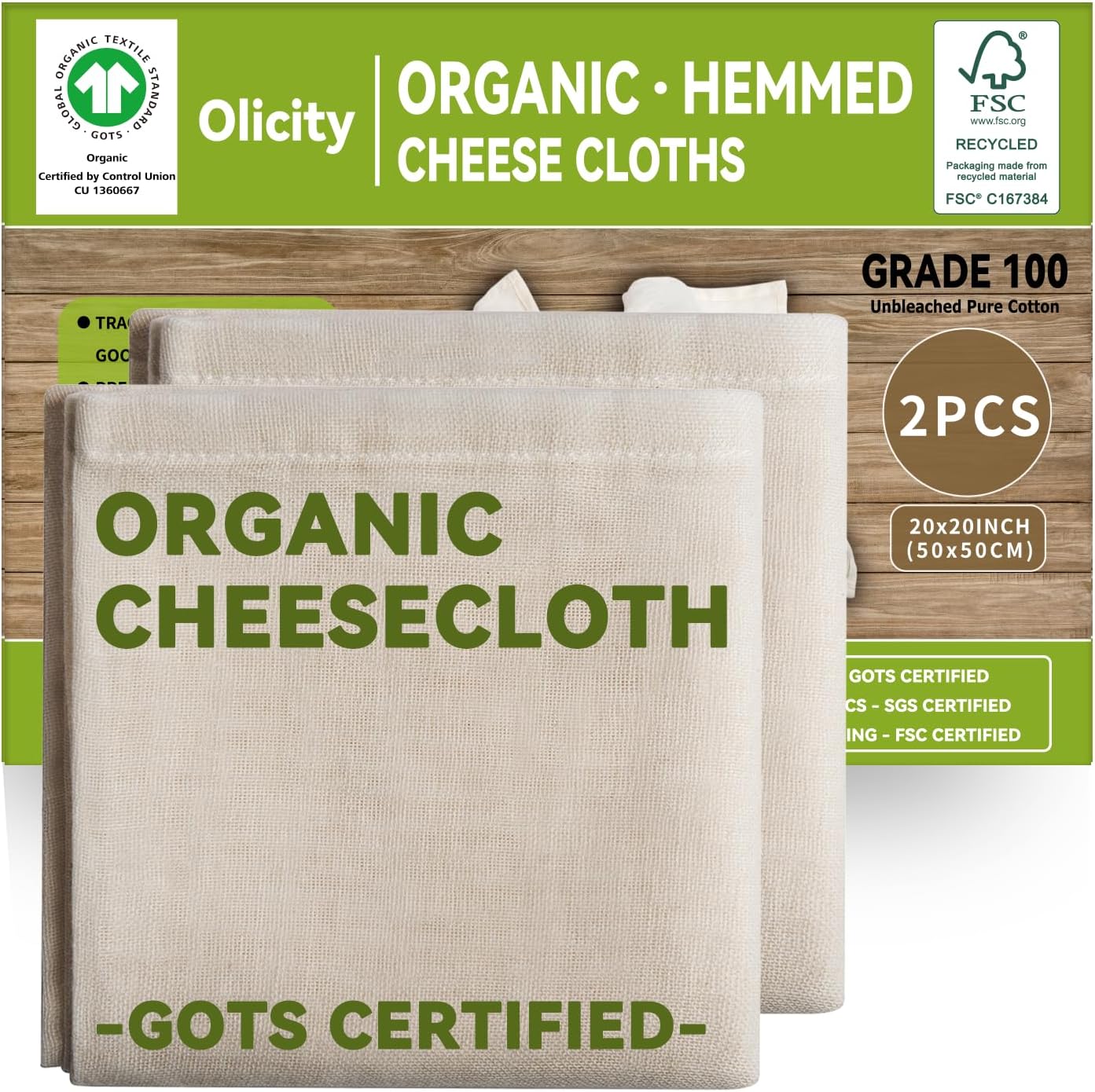 Amazon.com: Organic Cheese Cloths, GOTS Certified, 2PCS, Grade 100 ...