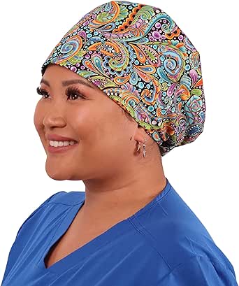 Sparkling EARTH Metallic Paisley Paradise Riley Medical Scrub Caps with ...