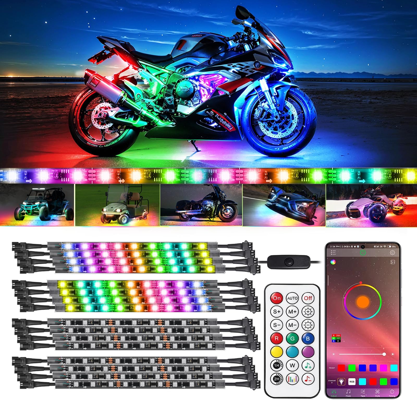 Amazon.com: 16Pcs Motorcycle LED Strip Lights Kit, RGB+IC Chasing ...