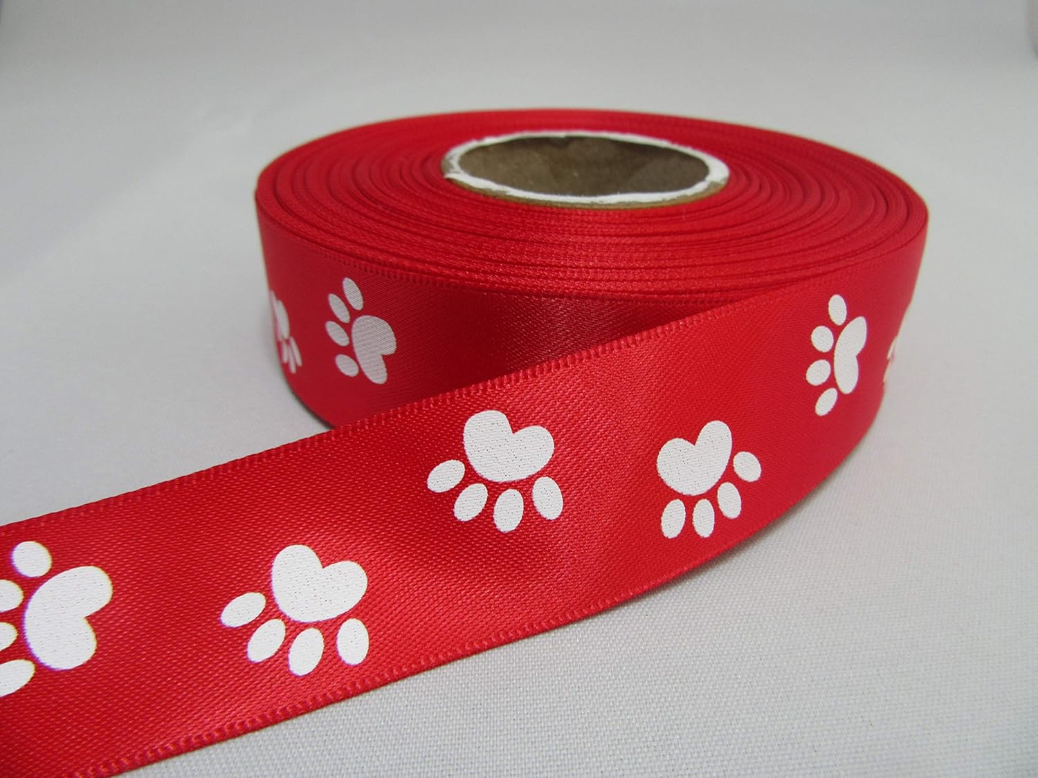 2 metres of 25mm Bright Red with White Paw Print Satin Ribbon Dog Cat ...