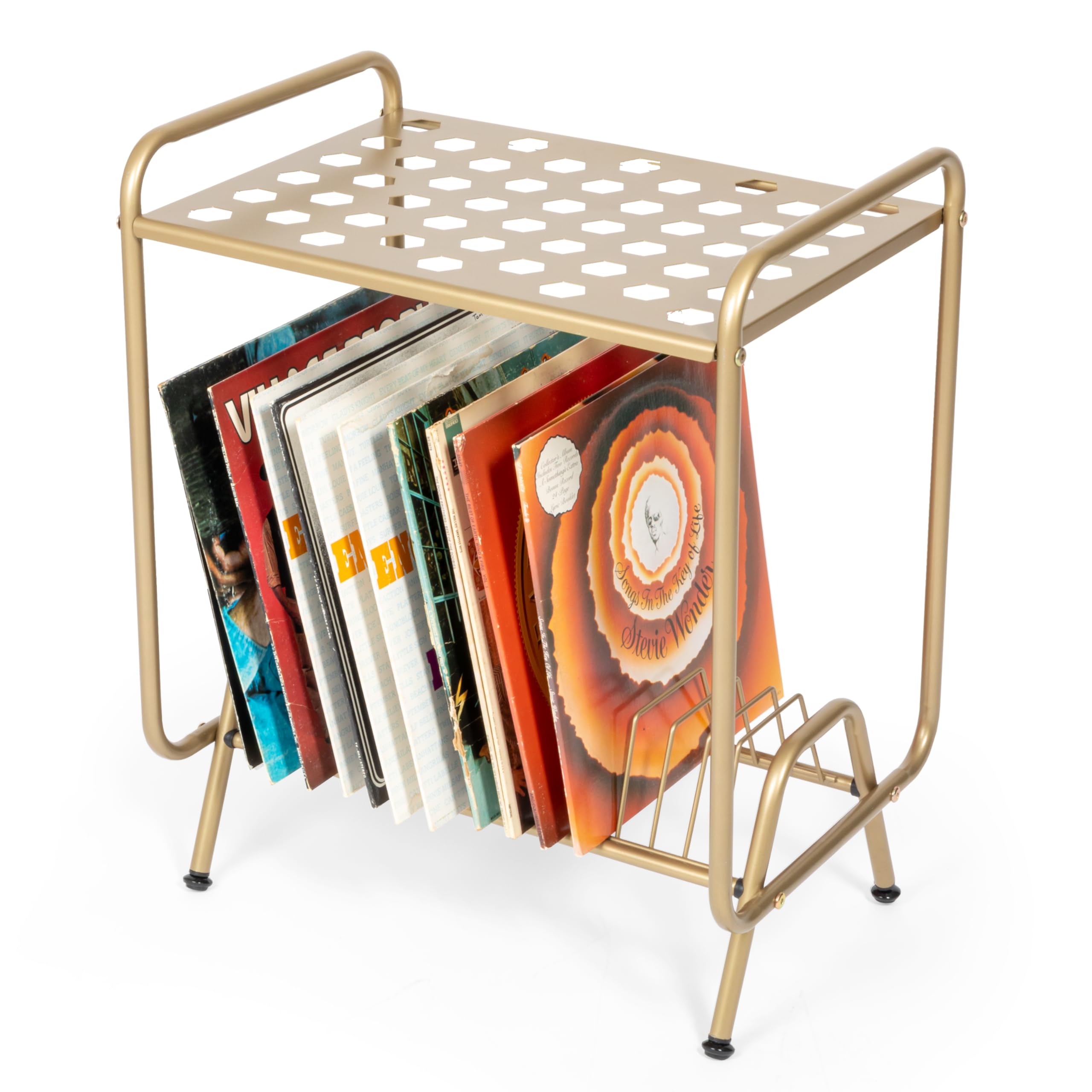Amazon.com: Ilyapa 2-Tier Gold Metal Record Player Stand with 16 Slot ...