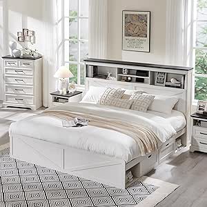 Amazon.com: ACCOHOHO Farmhouse King Size Wood Bed Frame with 52" Tall Storage Headboard and 4 ...