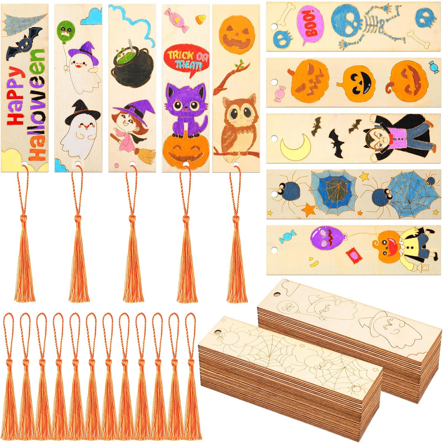 Amazon.com: Frienda 100 Pcs Color Your Own Halloween Wooden Bookmarks ...