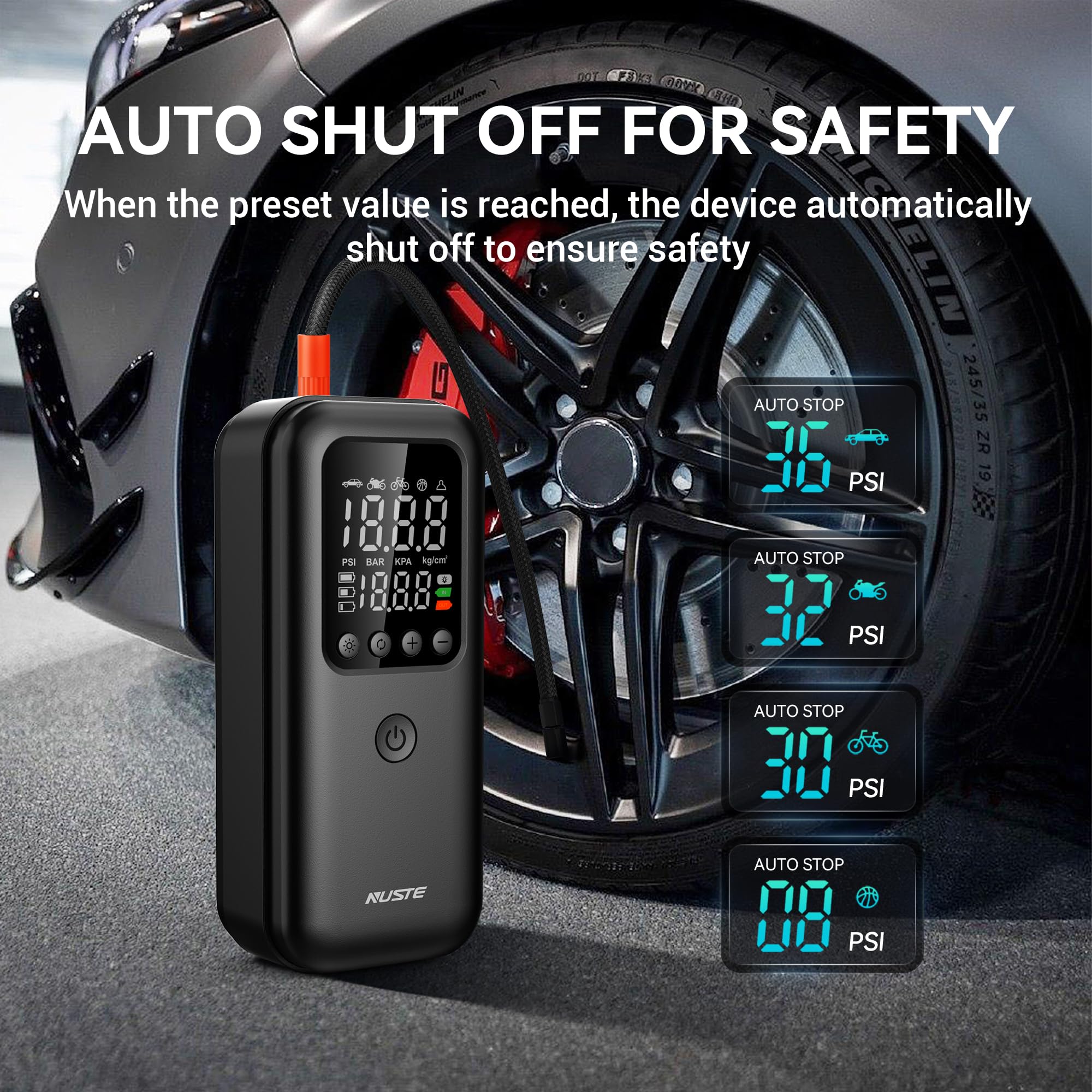 NUSTE Cordless Tire Inflator Portable Air Compressor, 150PSI 2X Faster ...