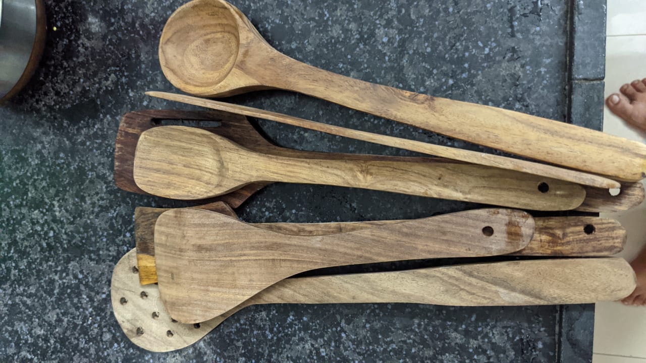 Buy WOOD ART STORE Natural Wood Spoon Set of 7 | 2 Frying, 1 Serving, 1 ...