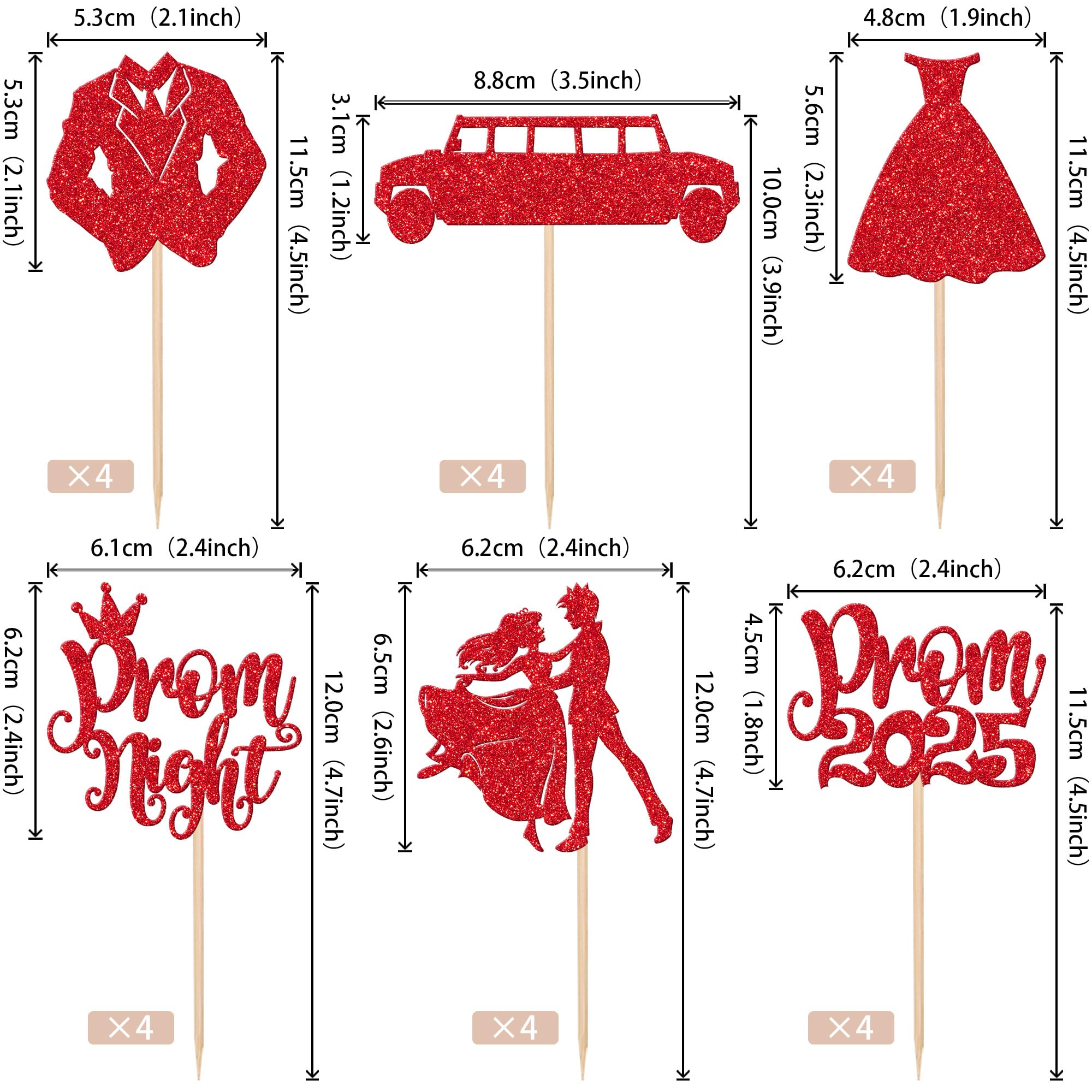Snapklik.com : 24 PCS Red Glitter Prom & Graduation Cupcake Toppers