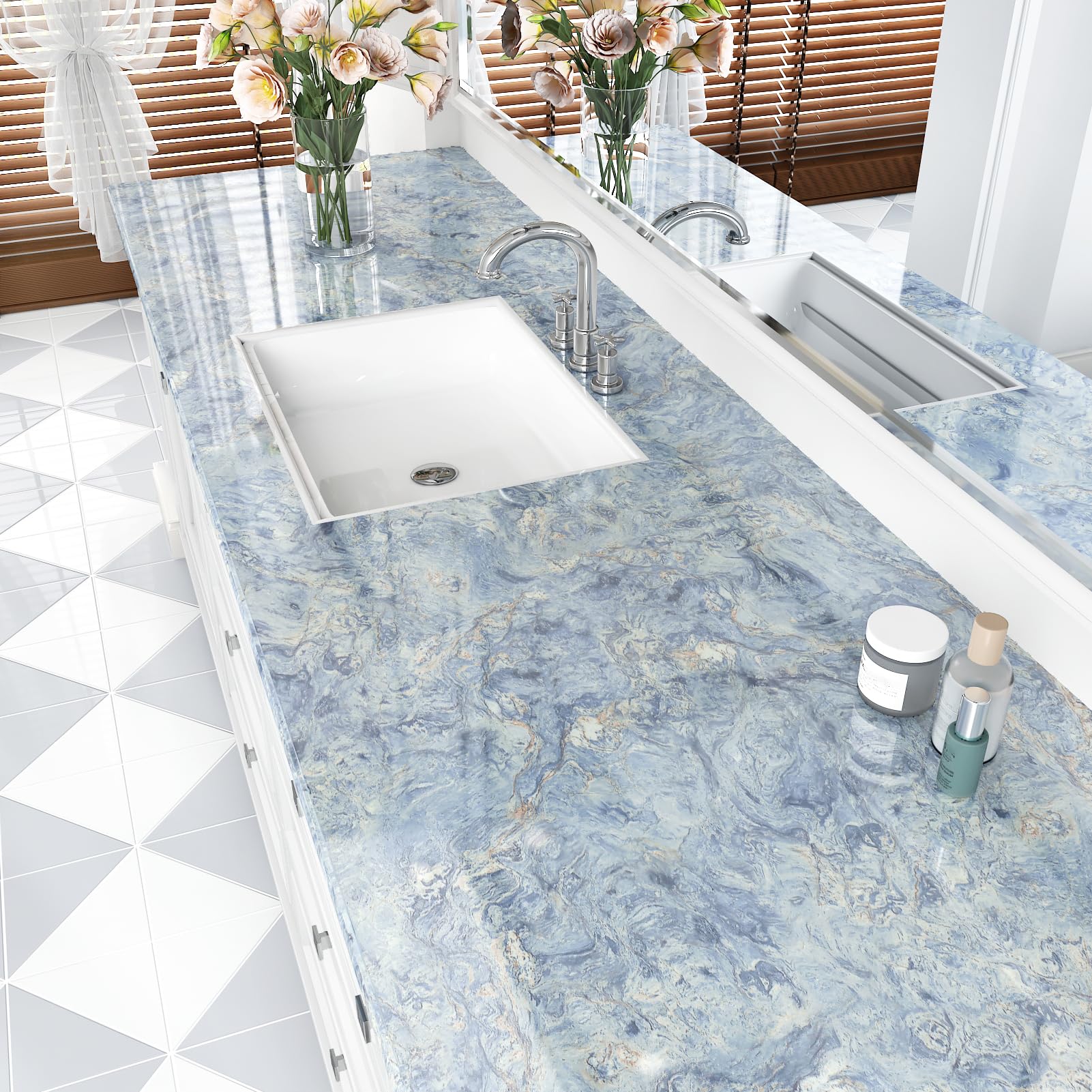 STICKEEP Cream Blue Marble Contact Paper Peel and Stick Marble Vinyl ...