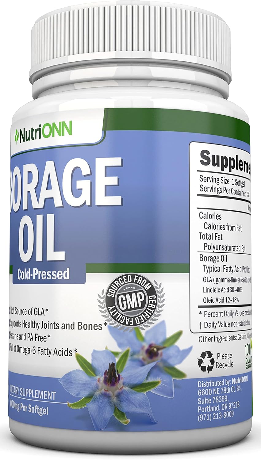 Premium Borage Oil - 1000 mg - 180 Softgels - Cold Pressed - High GLA ...