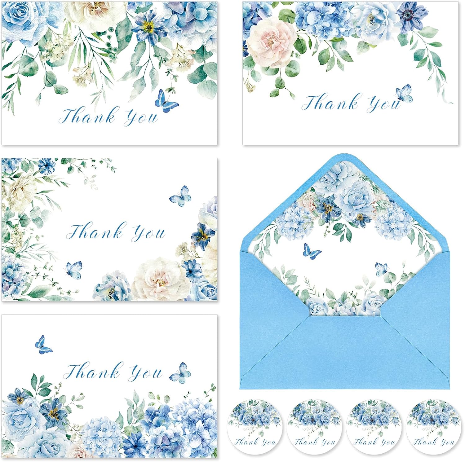 Amazon.com : AnyDesign 36 Packs Blue Floral Thank You Cards Greeting ...