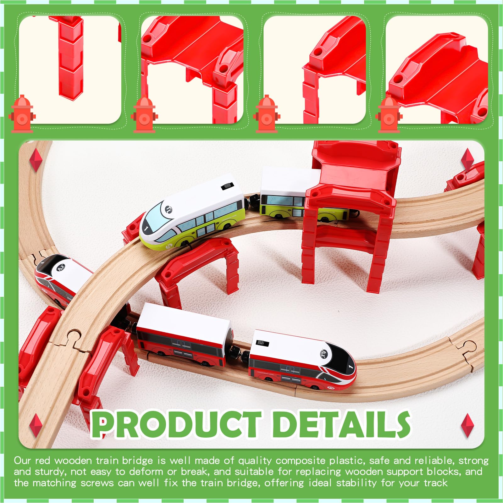 Snapklik.com : 8 Pcs Wooden Train Track Riser Red Plastic Train Bridge ...