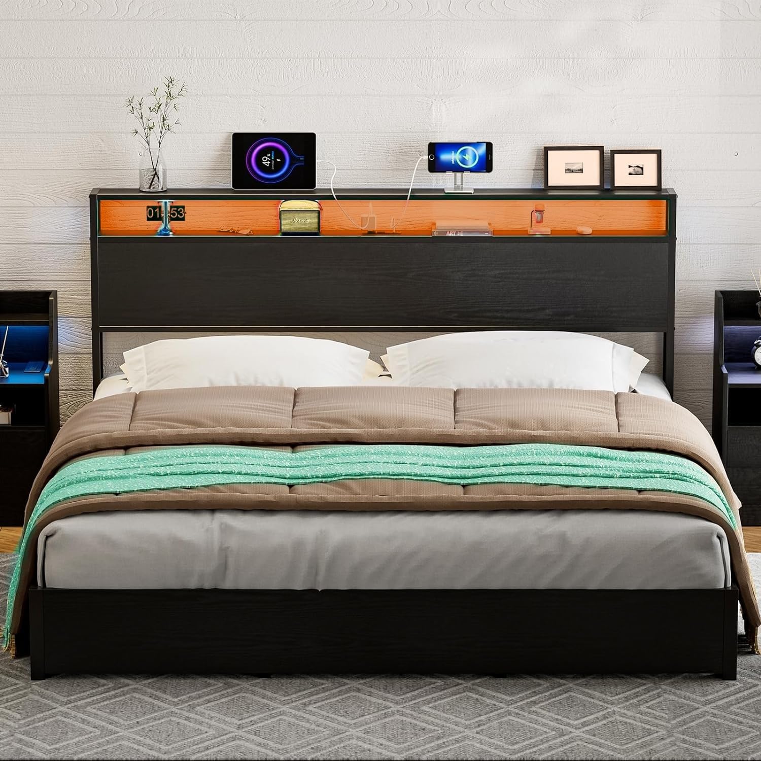 Amazon.com - SIKHST Queen Size LED Headboard with Storage Shelf,Black ...