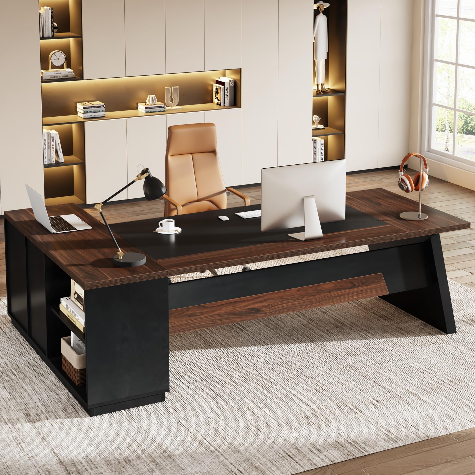 Amazon.com: LITFAD Wood Office Computer Desk with Cabinet and Locking ...