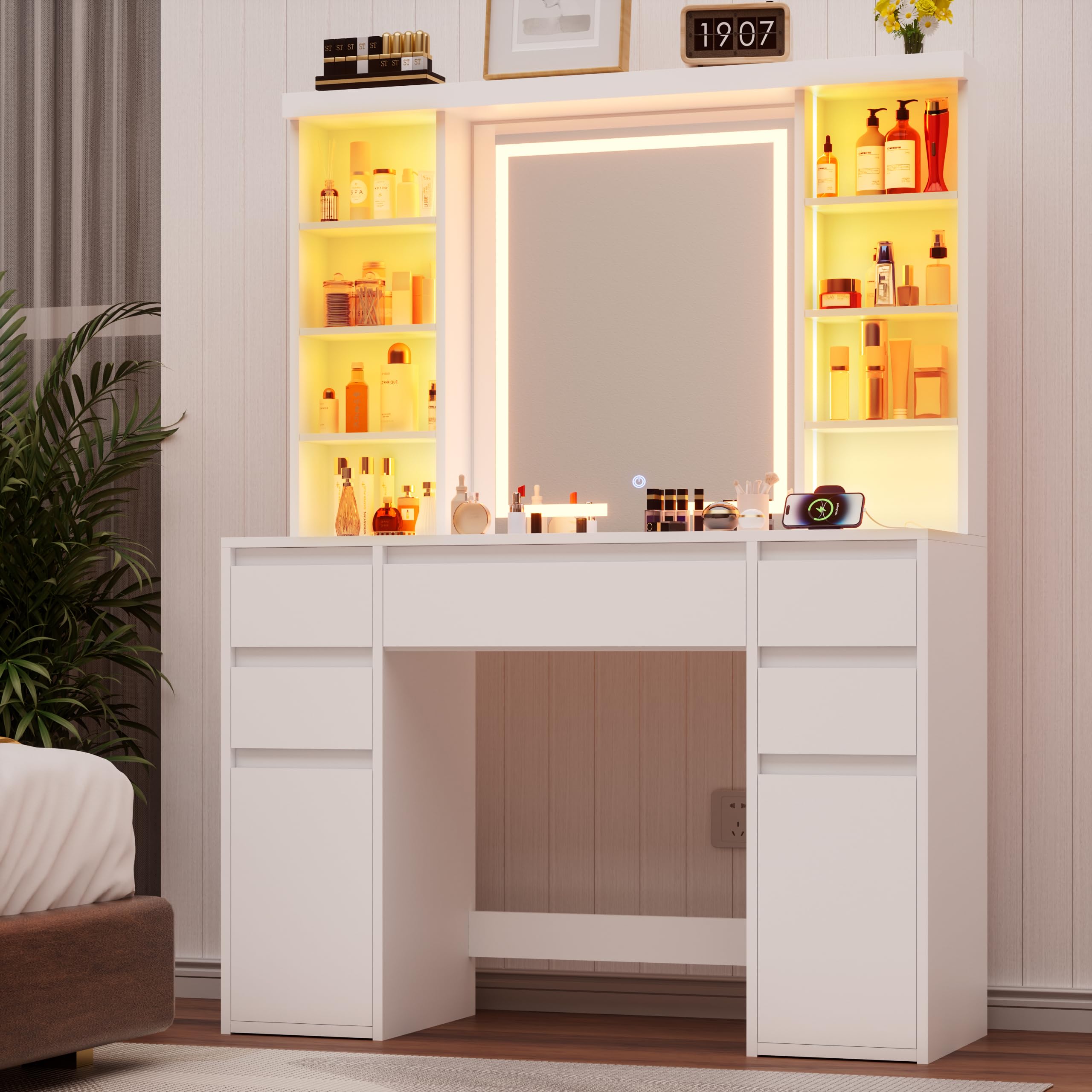 Amazon.com: COWMOU Tall Vanity Desk with LED Mirror and RGB Lights ...