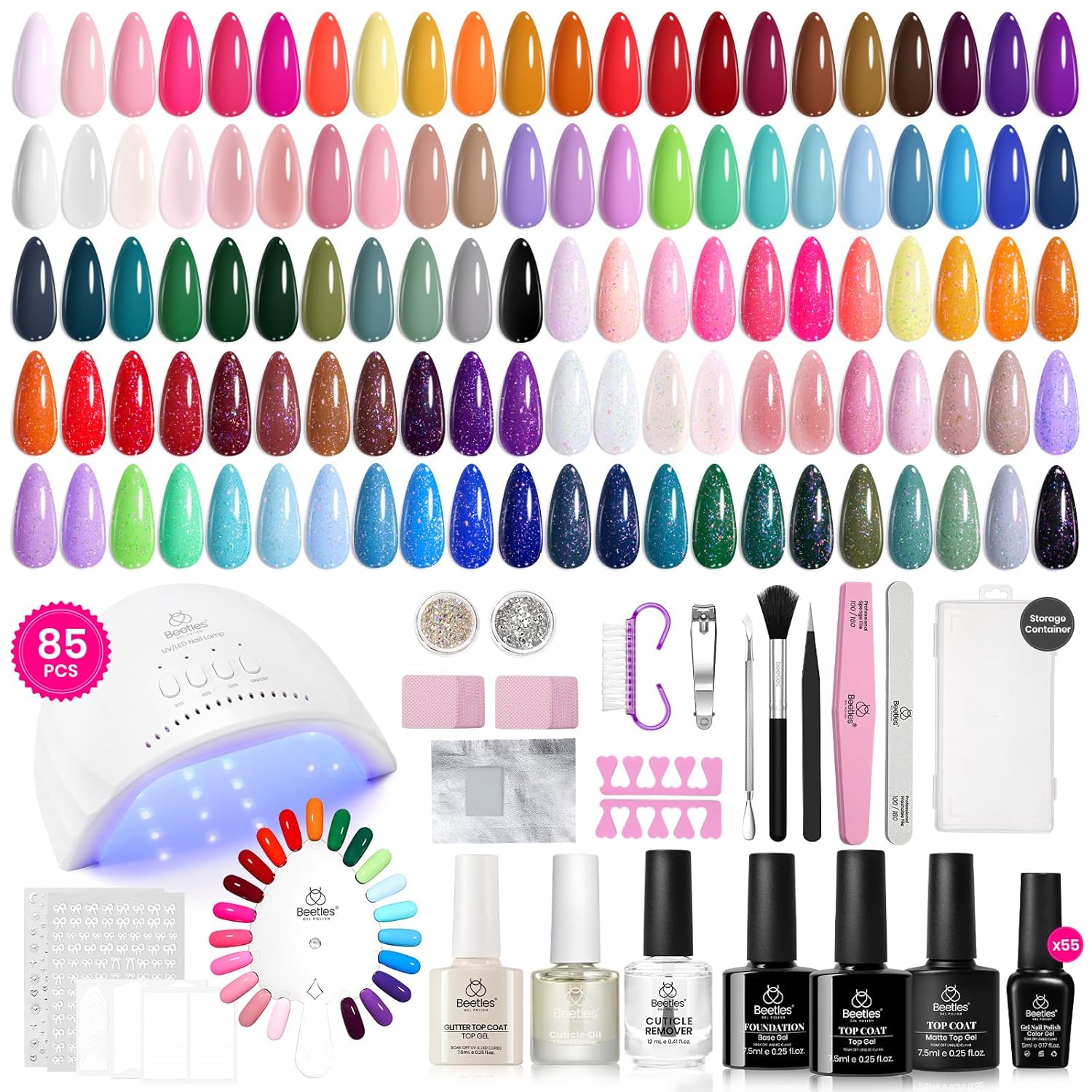 Amazon.com: Beetles 85 Pcs Gel Nail Polish Kit with U V Light 55 Colors ...