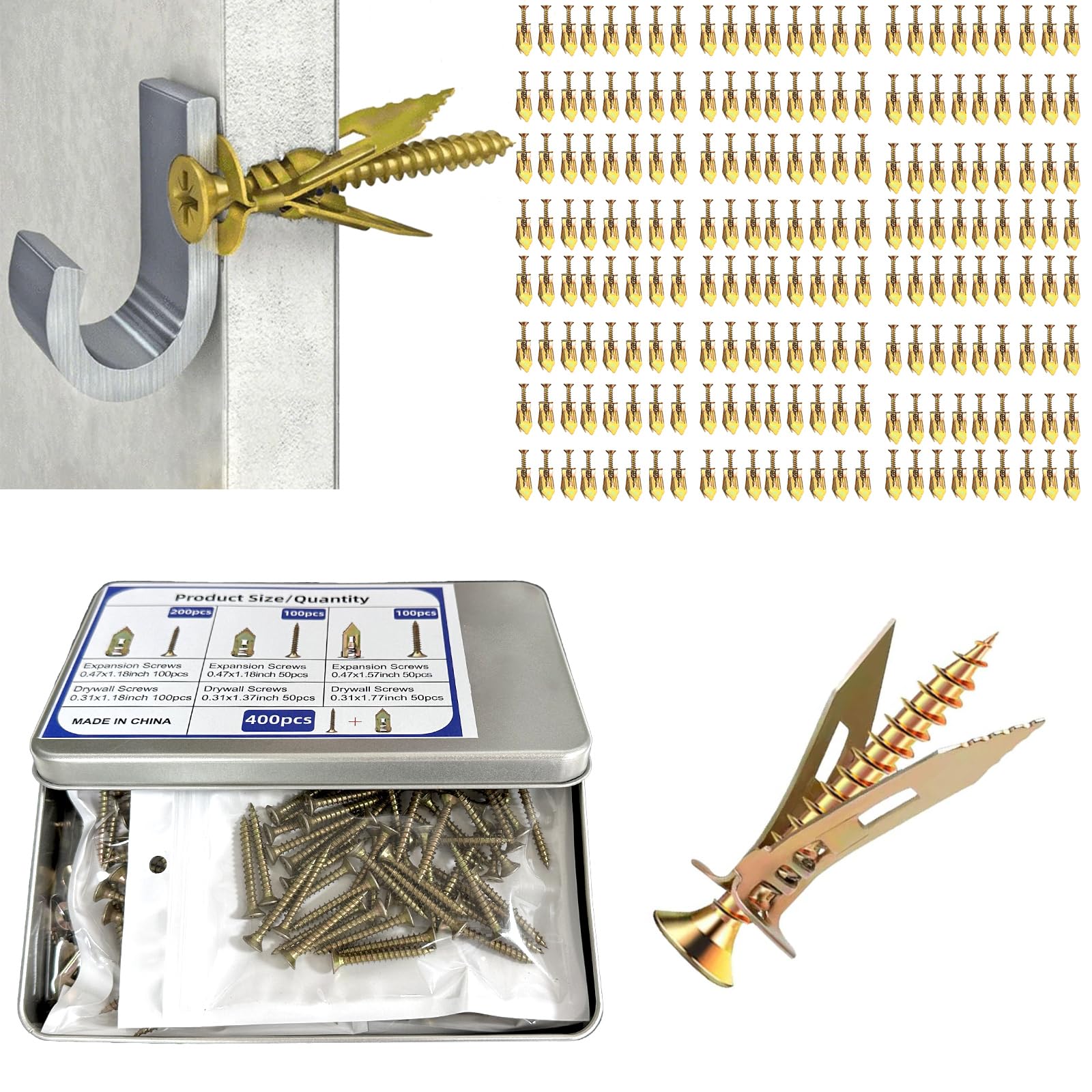 Snapklik.com : 400PCS Self-Drilling Drywall Anchors, Zinc Plated Steel ...