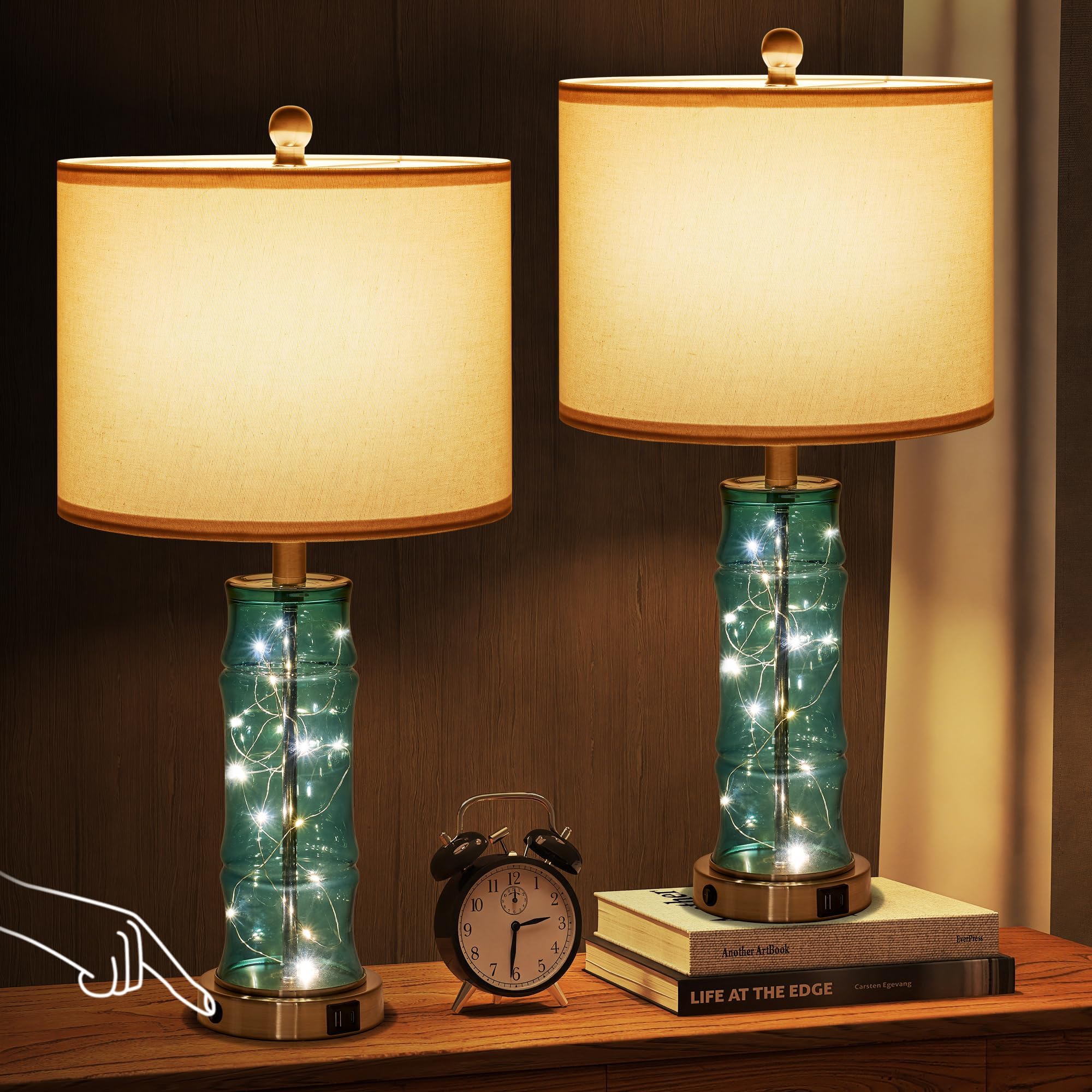 Reaketon Blue Glass Table Lamp with USB Charging Ports, 3-Way Touch ...