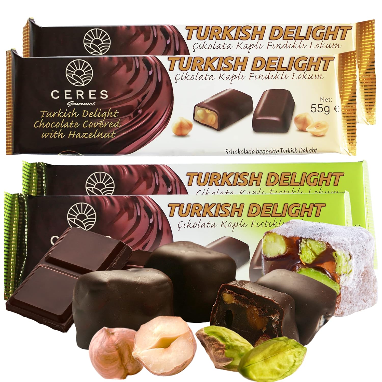 Amazon.com : Chocolate Coated Turkish Delights Candy Bars with Hazelnuts and Pistachios ...