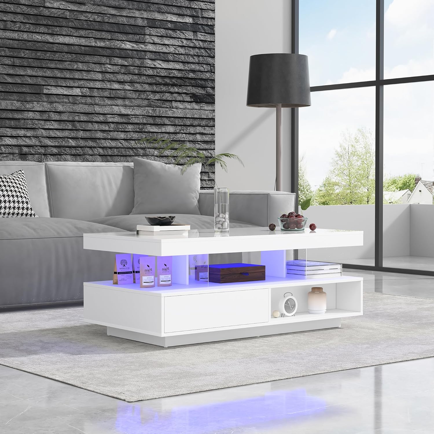 SUNLIFER Coffee Table, High Gloss LED Coffee Tables for Living Room ...