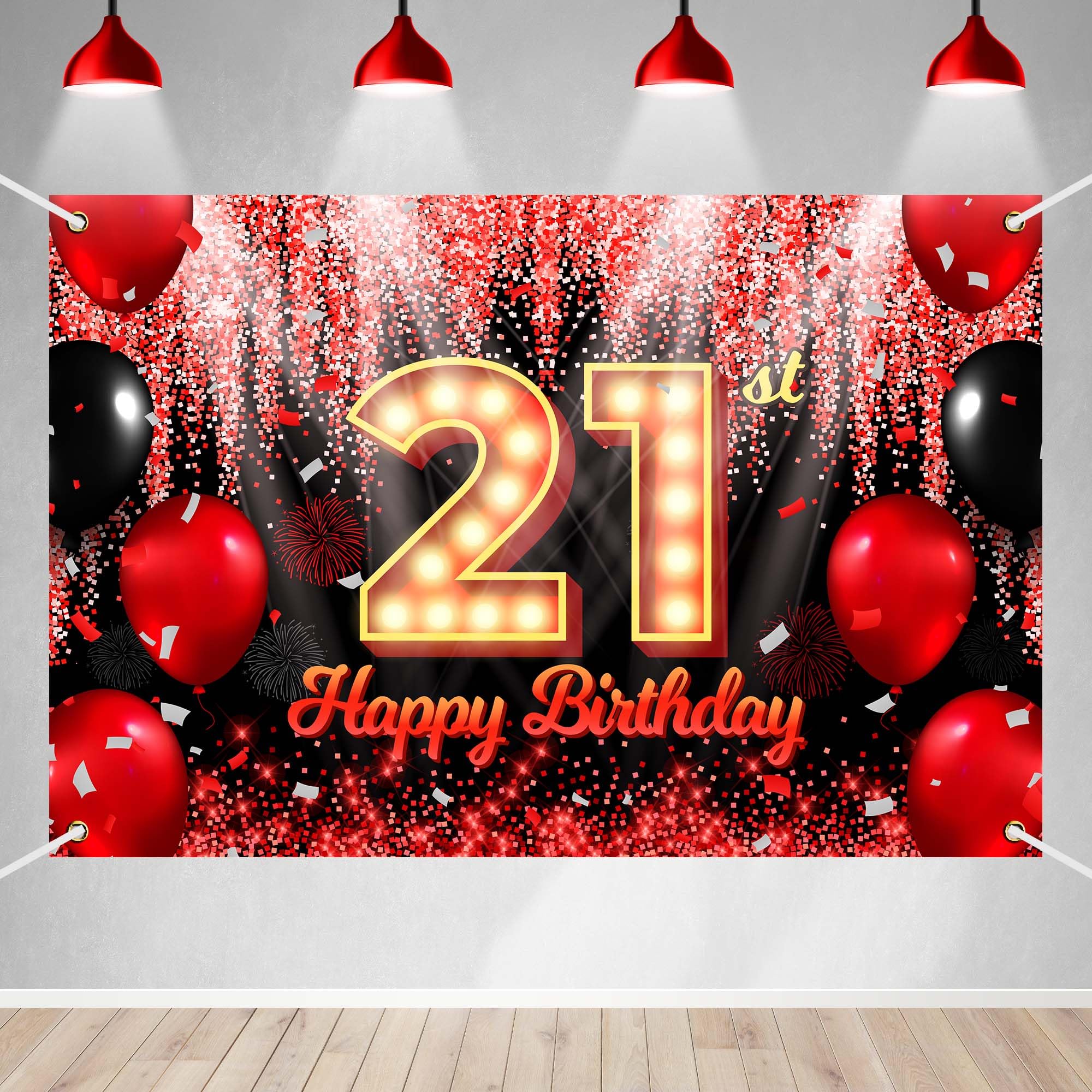 Amazon.com : Happy 21st Birthday Backdrop Banner Black and Red Theme ...