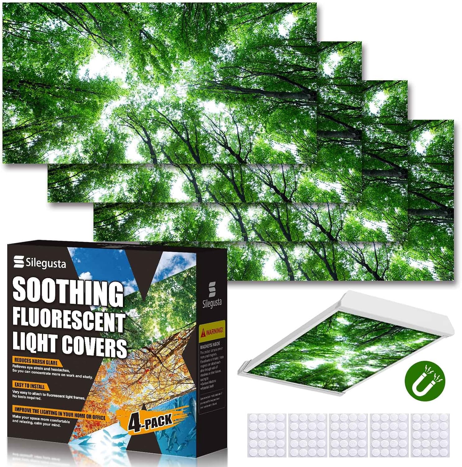 Silegusta 4-Pcs Fluorescent Light Covers, 2 x 4 ft Magnetic Light Cover ...