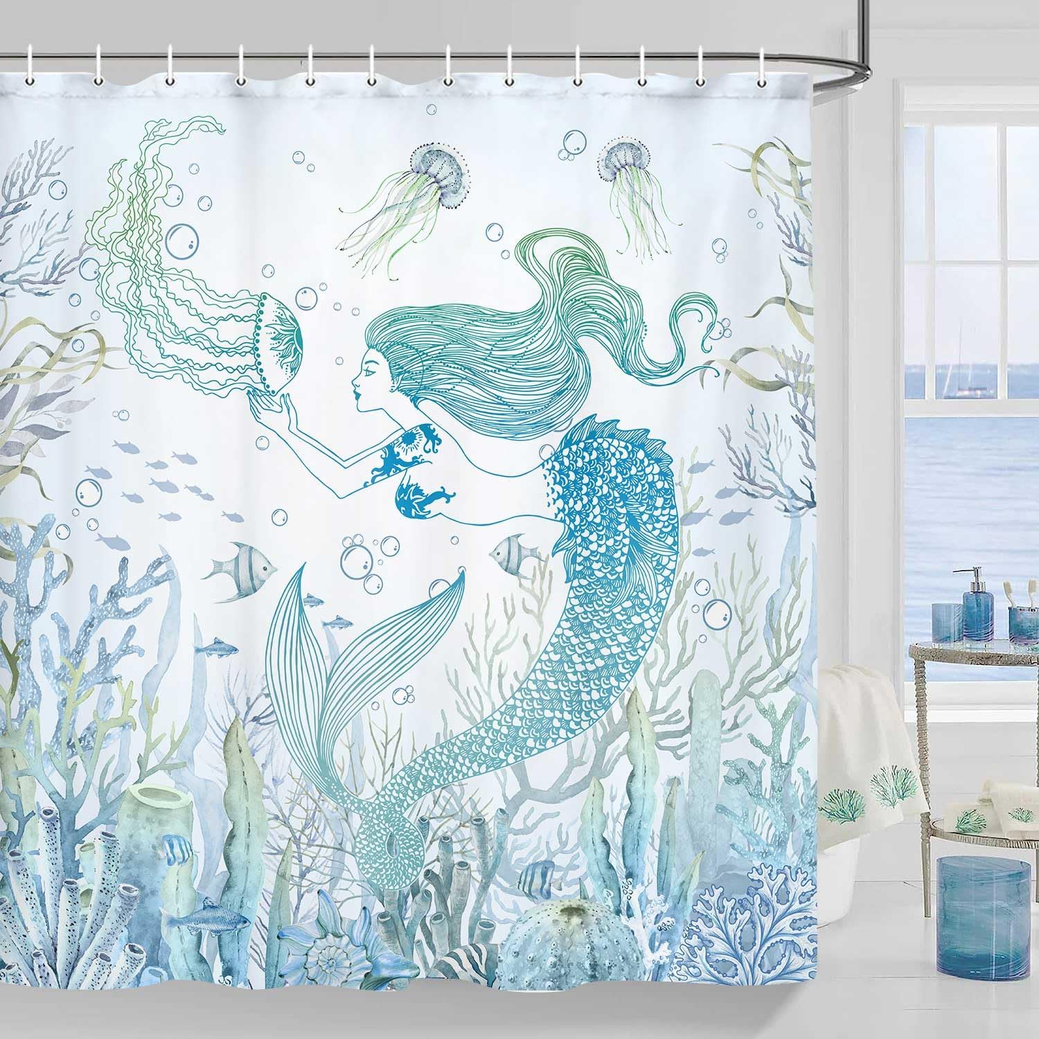 Amazon.com: Mermaid Shower Curtain for Bathroom, Starfish Coral Beach ...