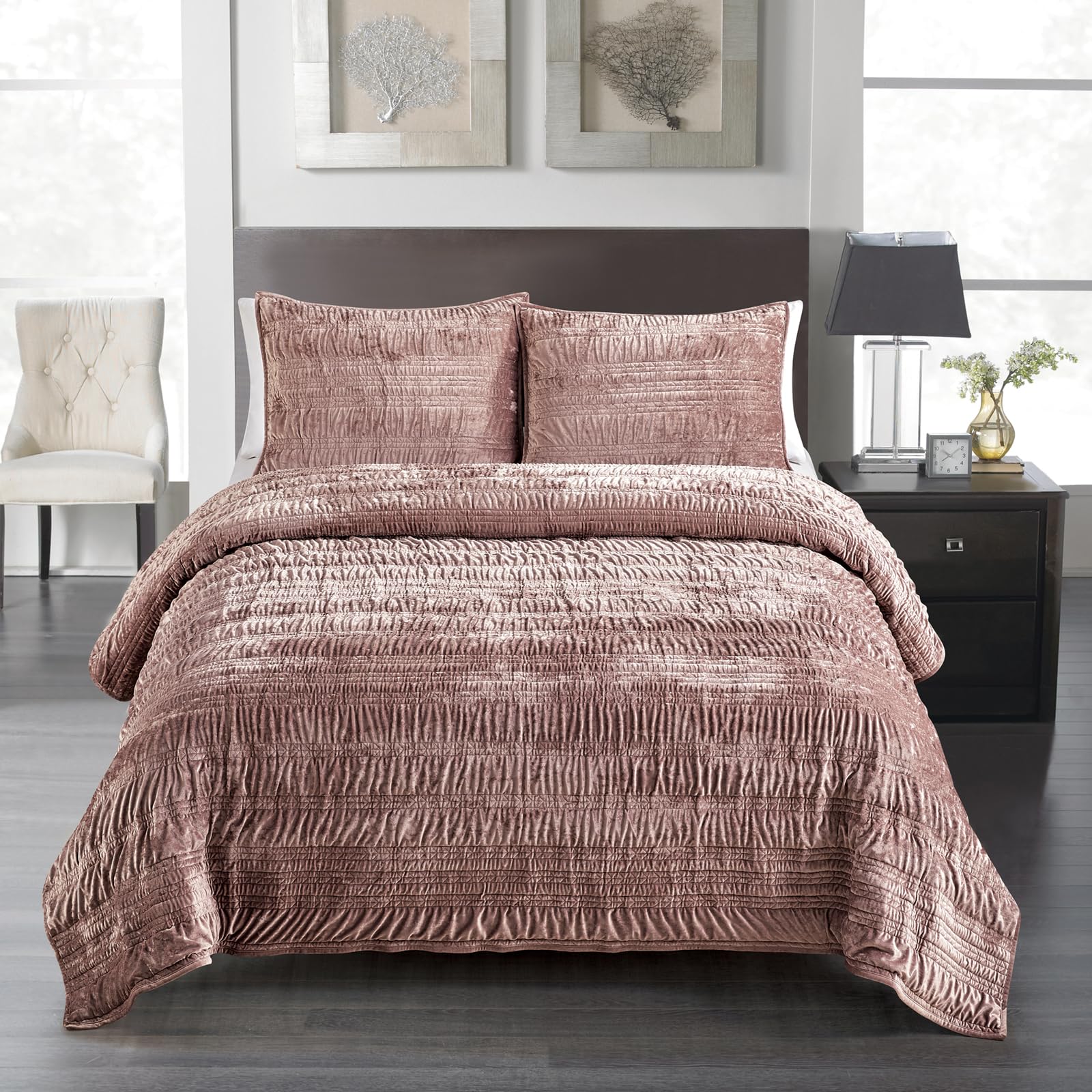 Amazon.com: Fredsure Distressed Velvet Quilt Set, 3 Pieces Dusty Mauve ...
