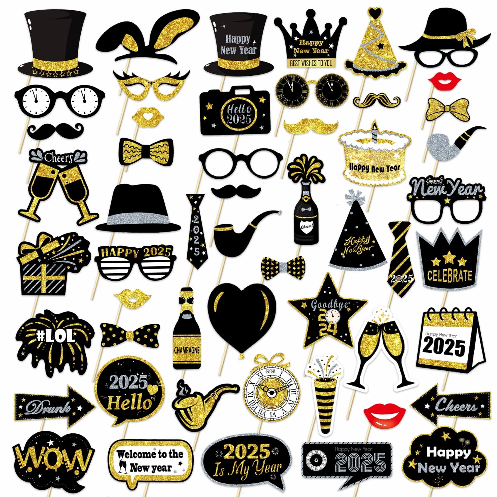 Amazon.com: 53 Pieces New Years Eve Photo Booth Props Glitter New Year ...
