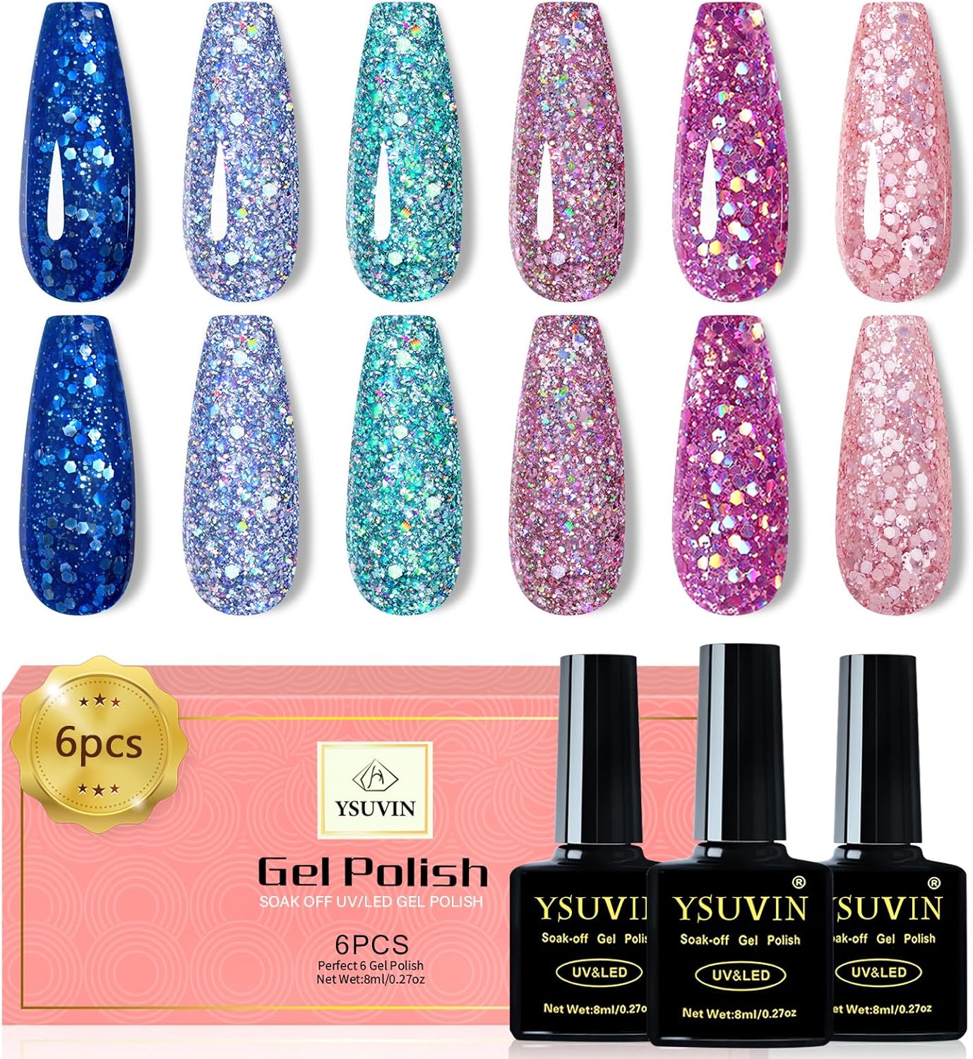 Yueshop Glitter Gel Nail Polish Set - 6 Pcs 8ml Purple Pink Blue Green ...