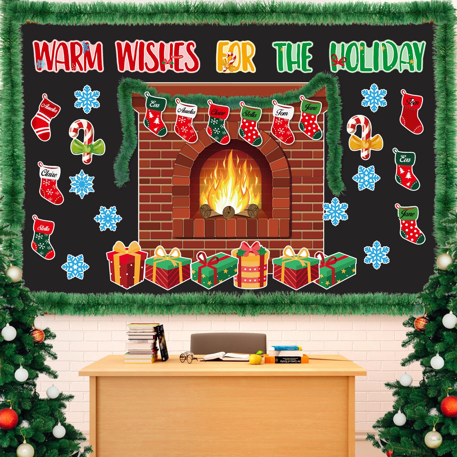 Amazon.com: Frienda 57 Pcs Christmas Fireplace Classroom Bulletin Board ...