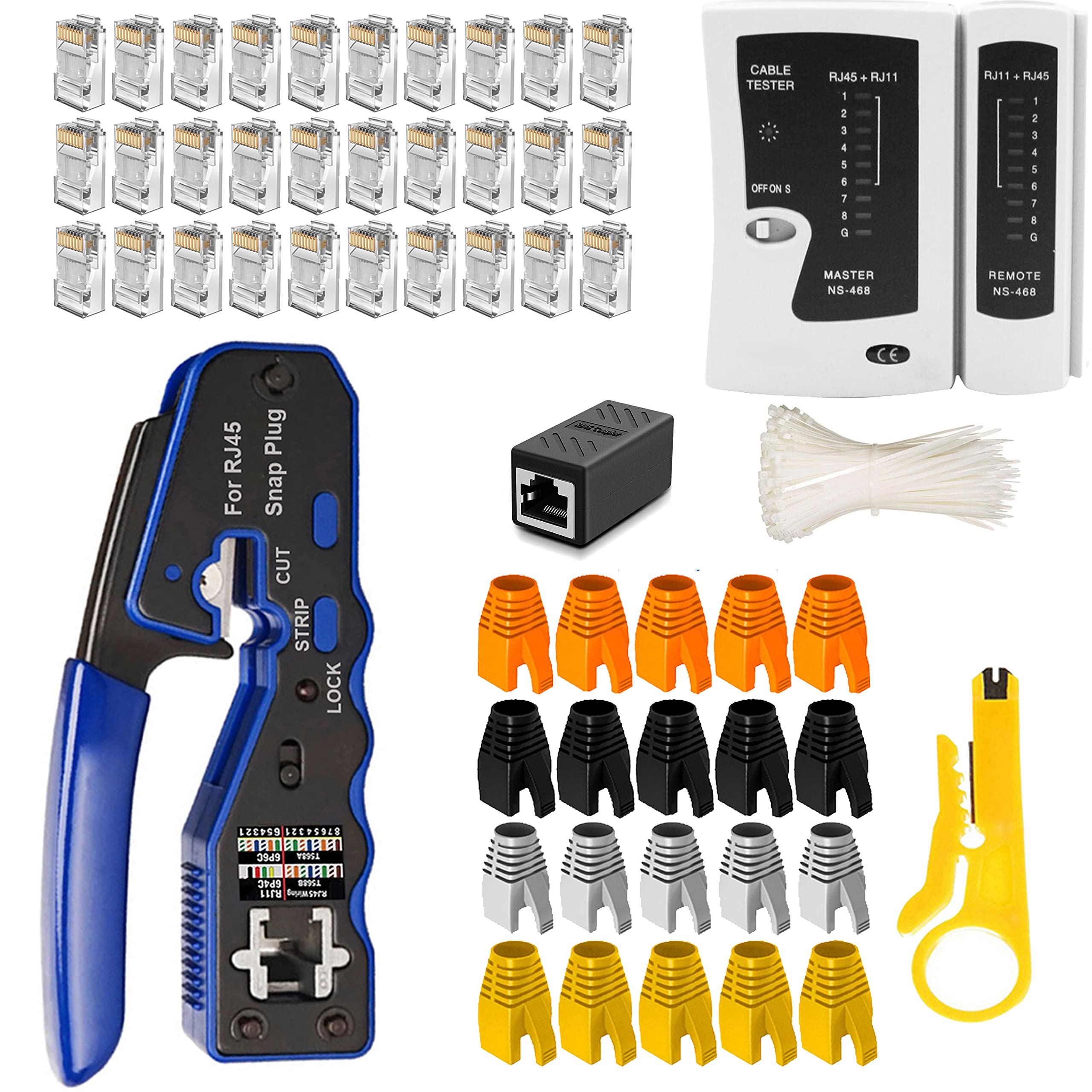 LEATBUY RJ45 Crimper Cutter CAT5/CAT6 Crimp Tool Set for 2 Pass Through ...