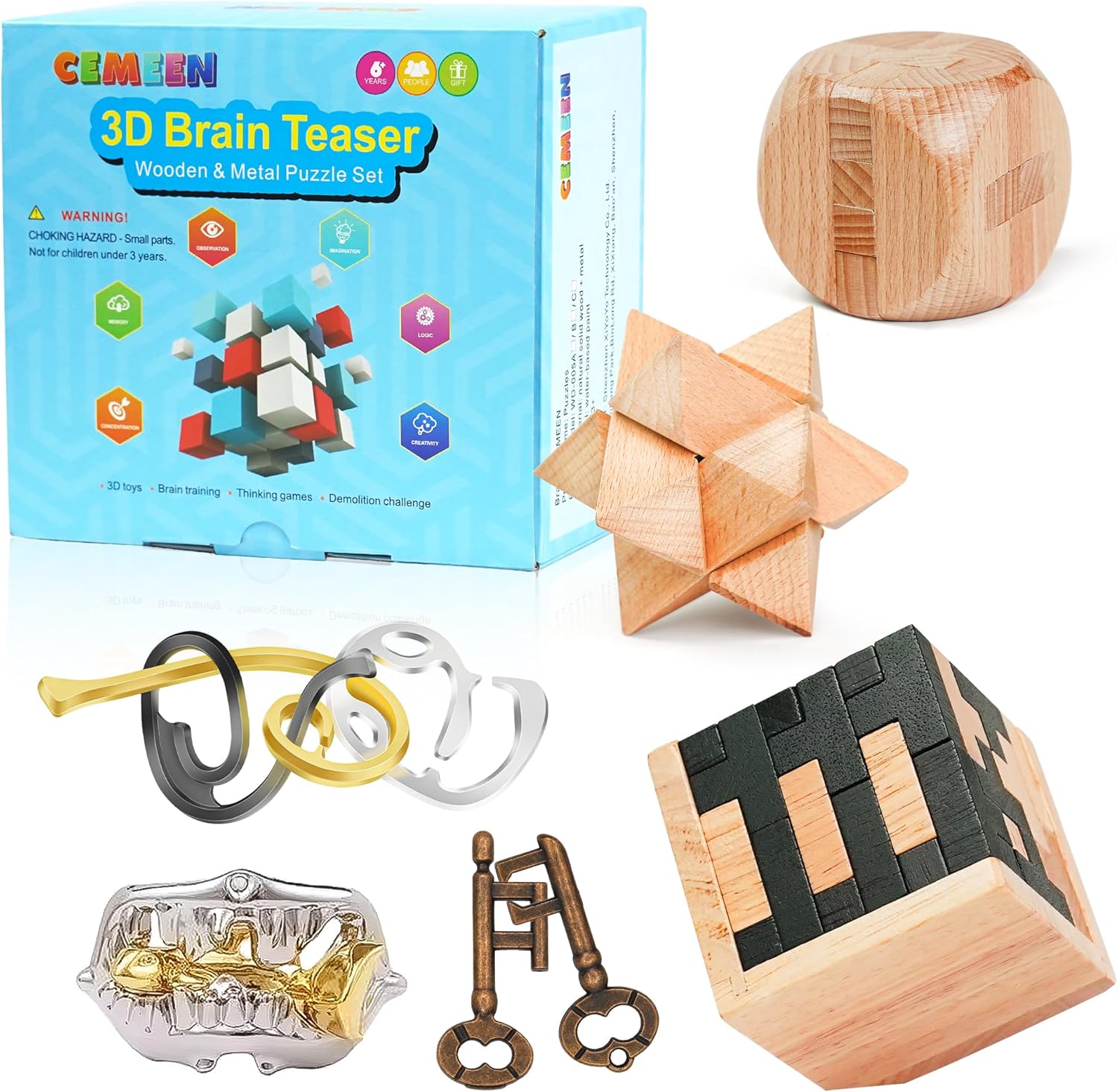 Amazon.com: Brain Teasers Puzzles for Adult - CEMEEN Wooden & Metal 3D ...