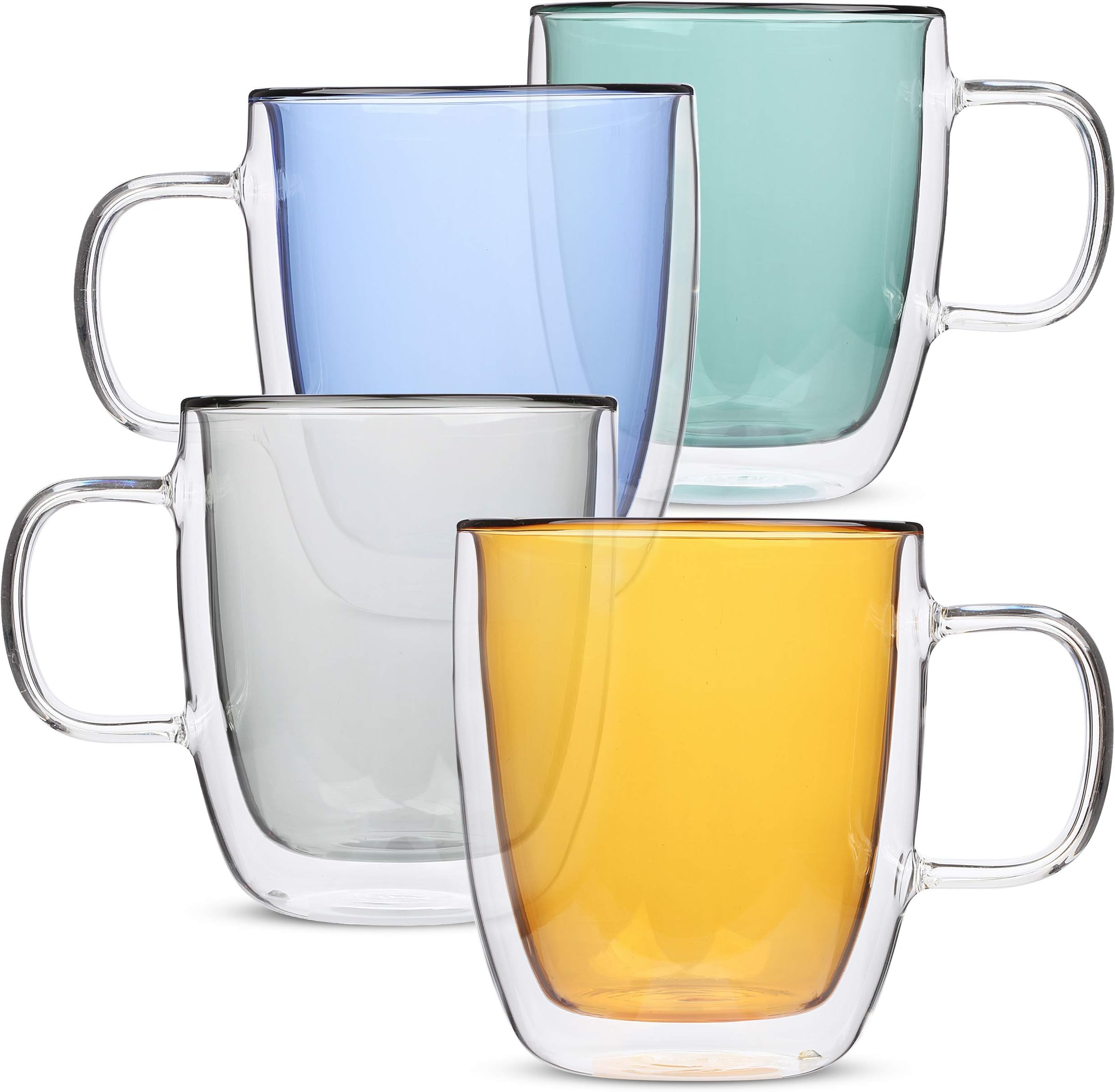 Amazon.com | Brew To A Tea Colored Double Walled Glass Coffee Mugs, Set of 4 (16oz, 500ml ...