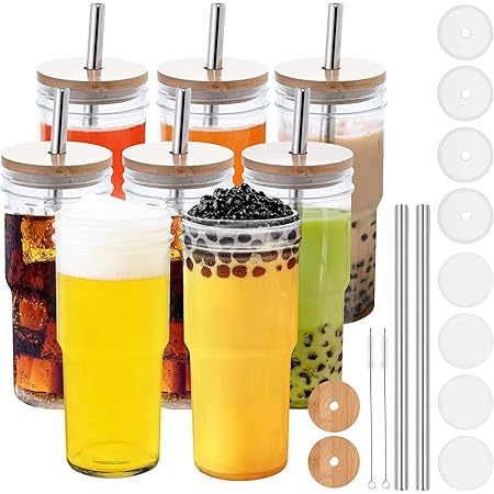 Amazon.com: ALINK 4-Pack Glass Cups with Bamboo Lids and Straws, 24 OZ ...