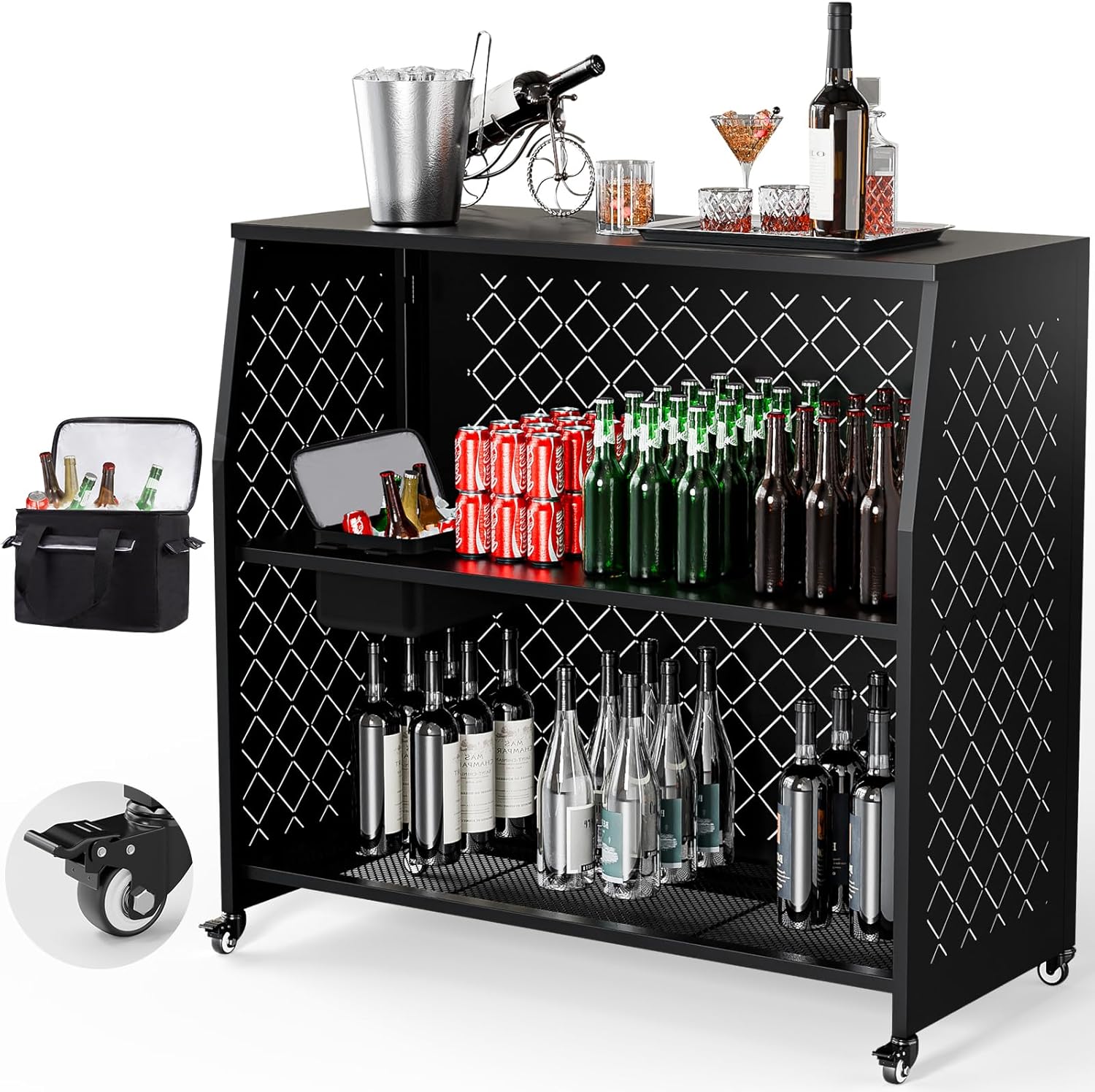 Amazon.com: VINGLI 44" Portable Bar Table, 3-Tier Shelves, Rolling ...